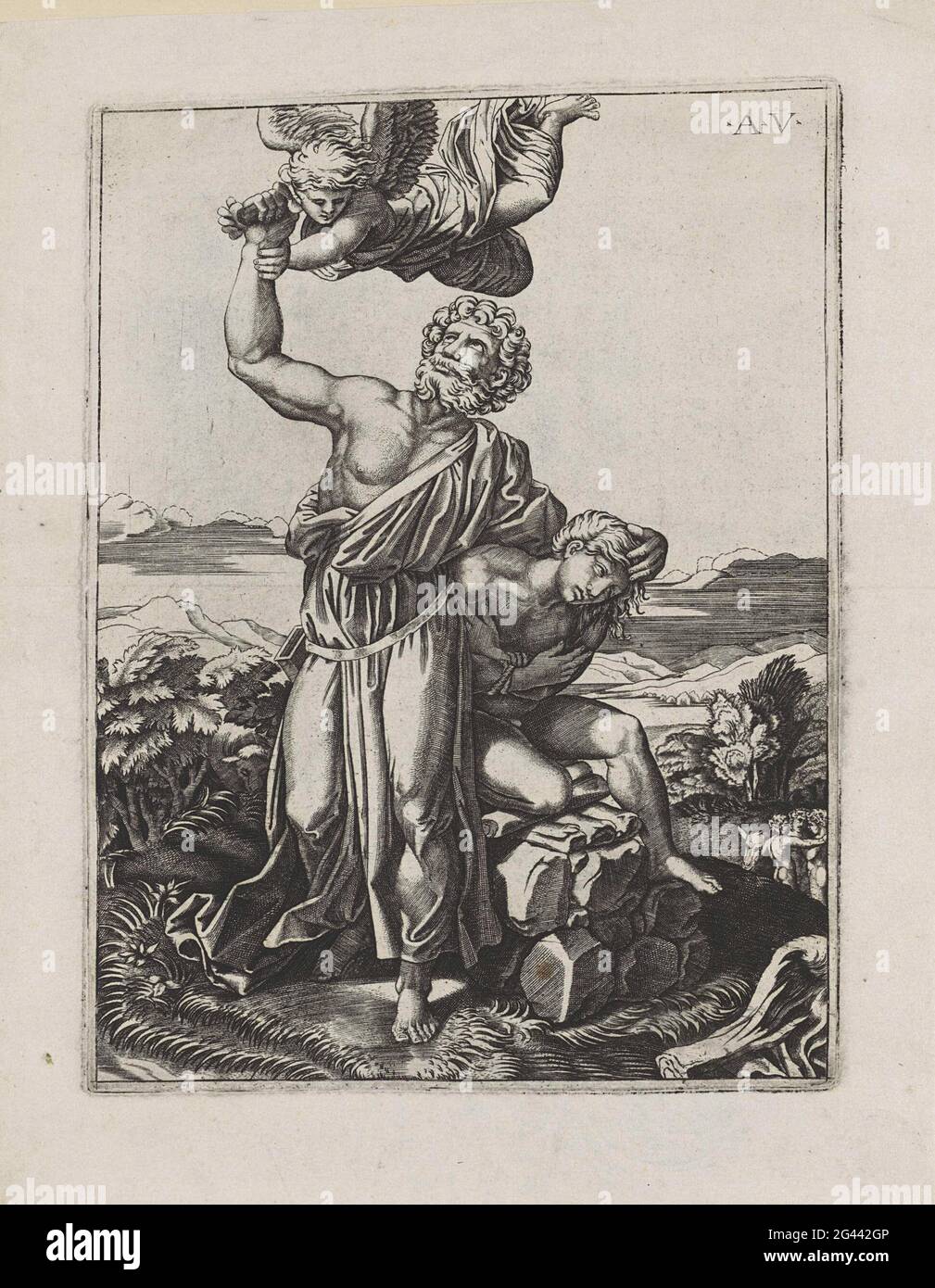 Offer van Isaak. Abraham is about to beheaded with his sword Isaac, who ...
