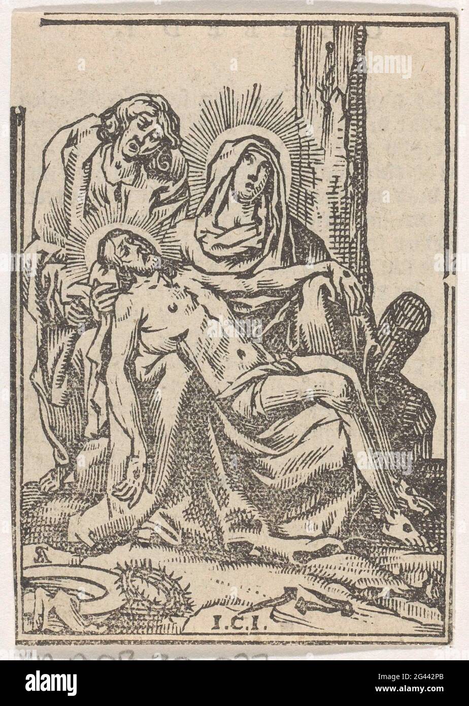 Pieta. Maria mapping at the foot of the cross with the body of the Died Christ in her lap. In ...