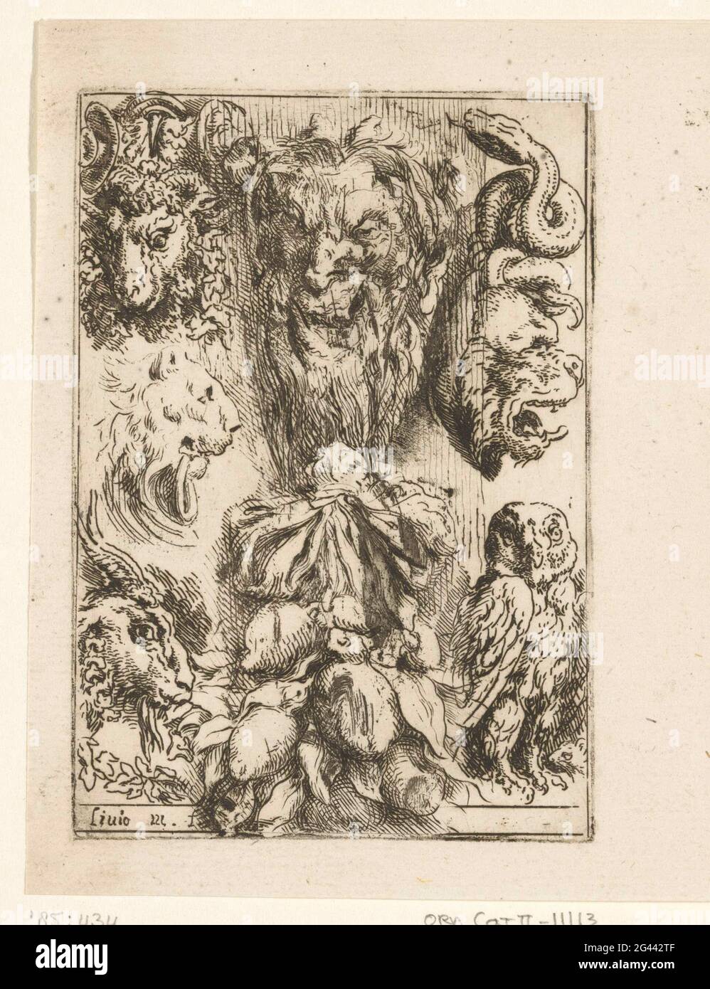 Different animal heads, a mask and a fruit trophy; Ornaments, heads and ...