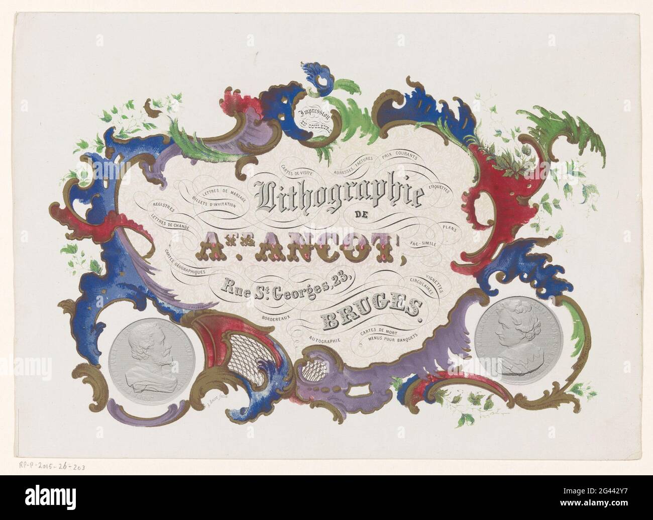 Advertisement of Drukkerij August Ancot in Bruges. Rocaille picture ...