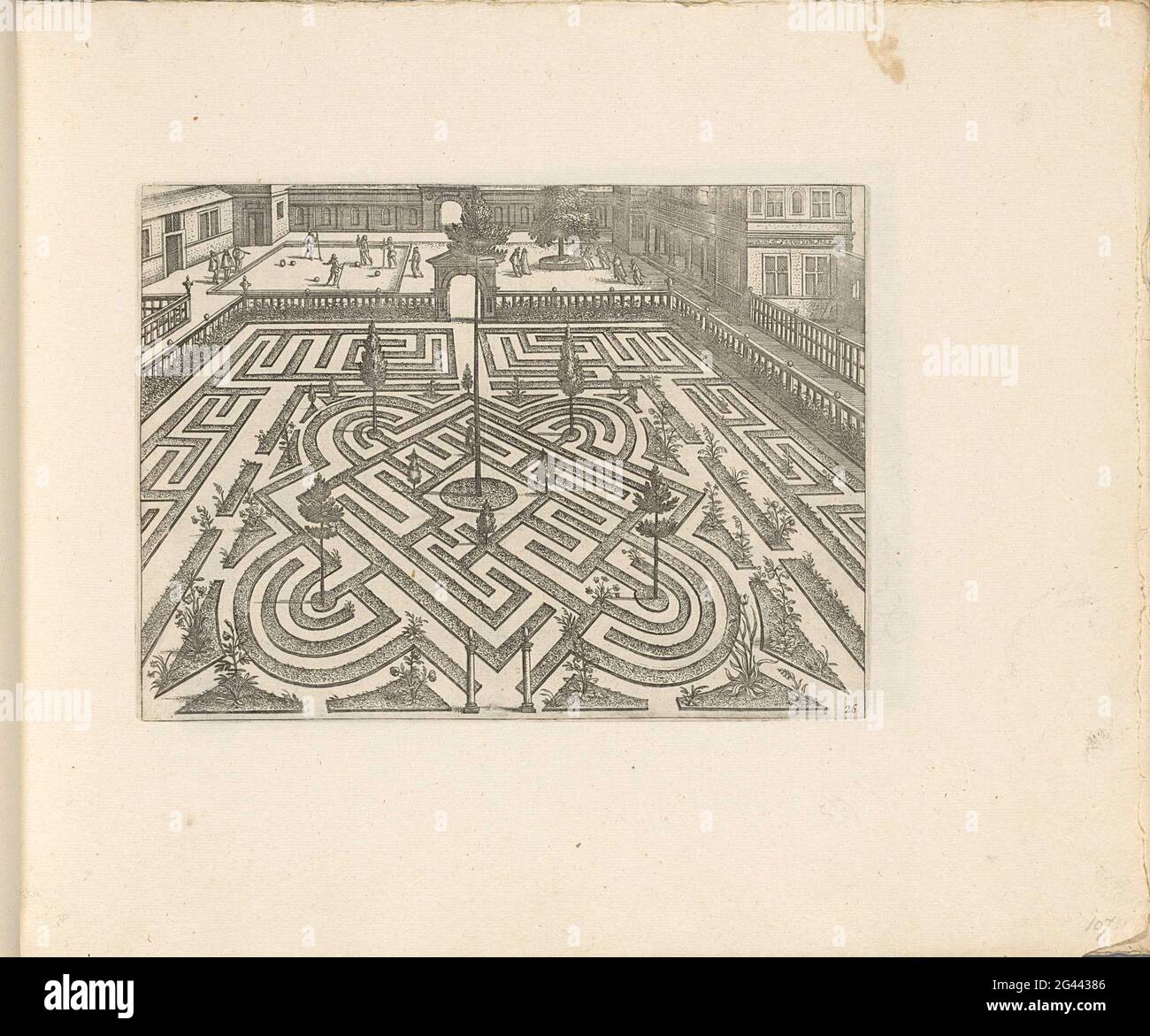 Garden with ground floor with labyrinth and a gate in the background ...