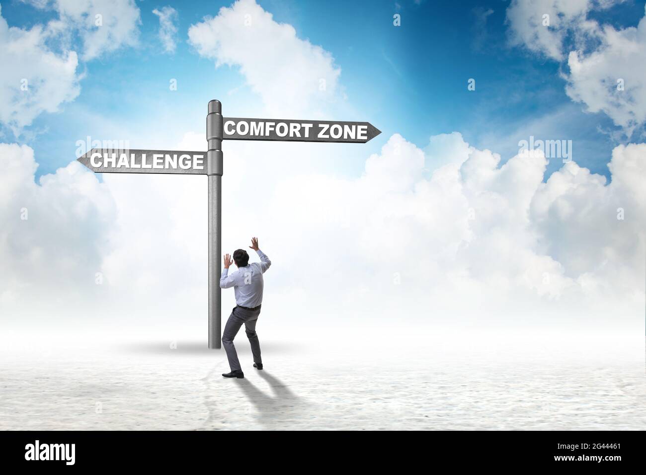 Businessman choosing between leaving comfort zone or not Stock Photo ...