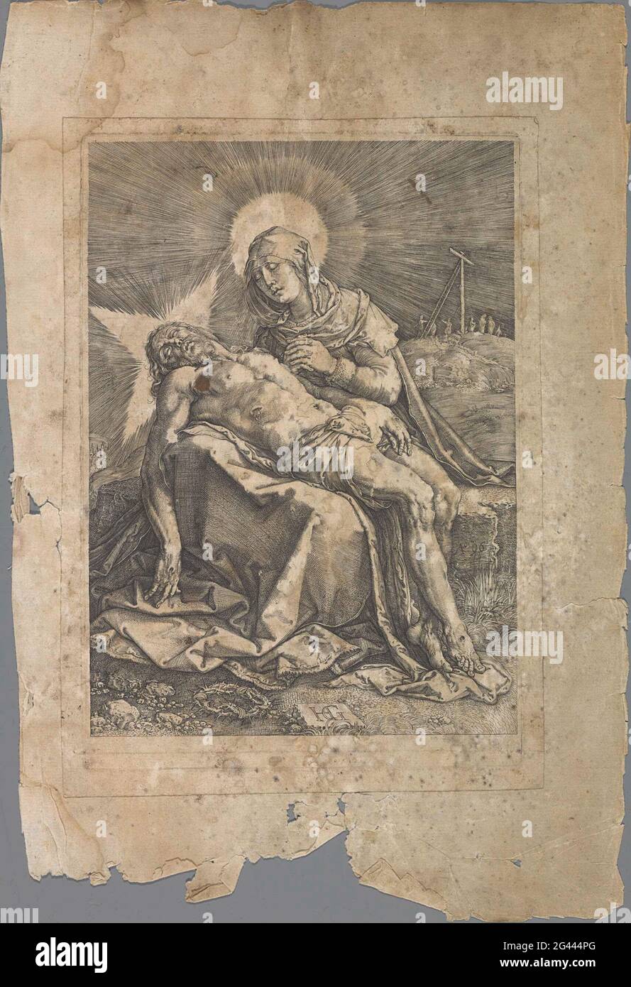 Pieta. Maria with the died Christ in the arms, remaining Him, sitting on a stone. Print is part ...
