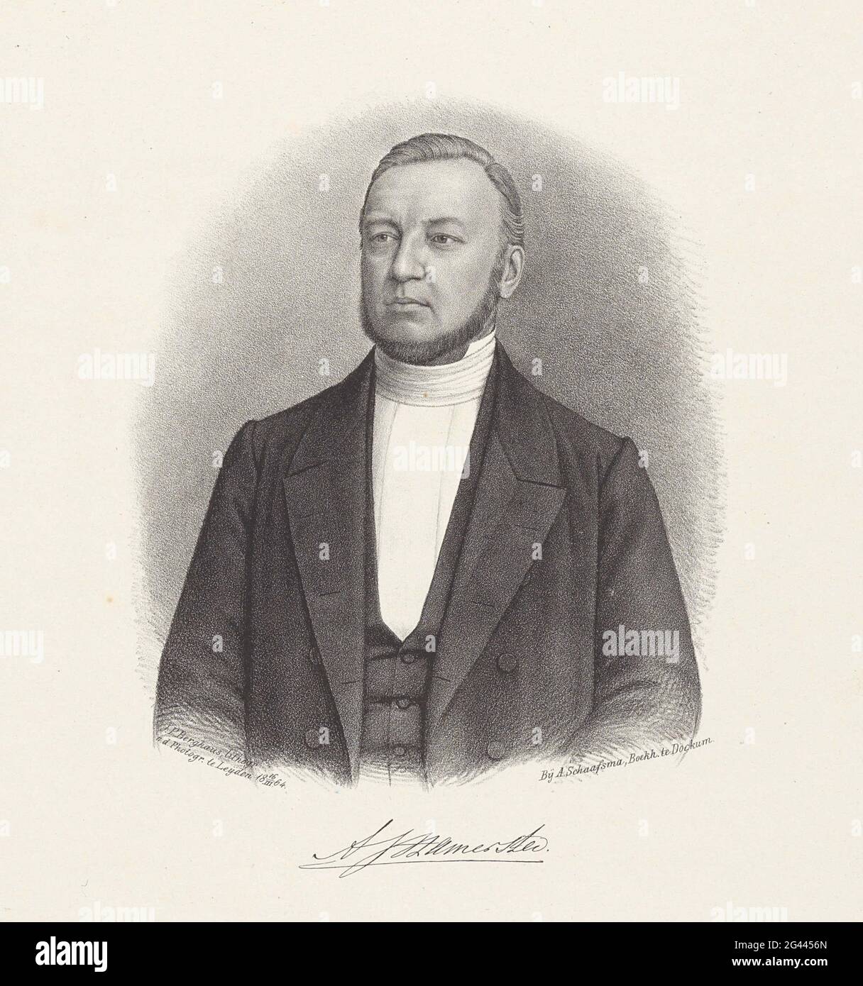 Portrait of a.j. Harnerster. The portrait carries a white board and ...