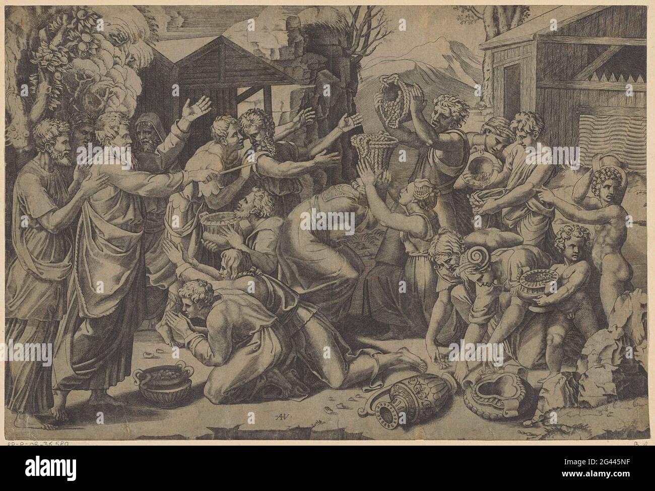 Collecting the manna. The Israelites catch and turn the manna that ...