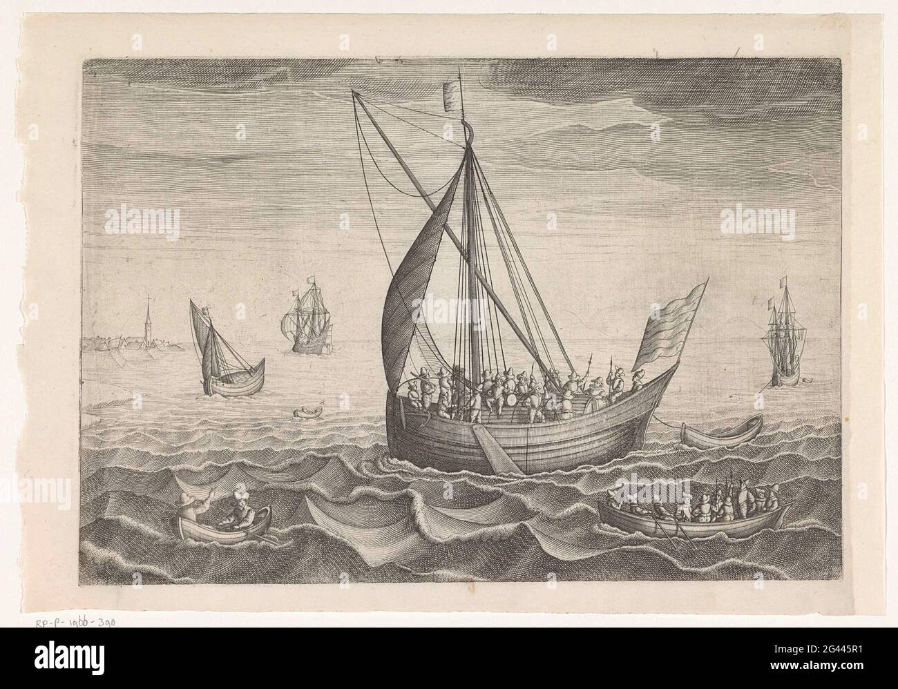 Sailing ship and sloop with soldiers; Sailing ships. A sailing ship ...