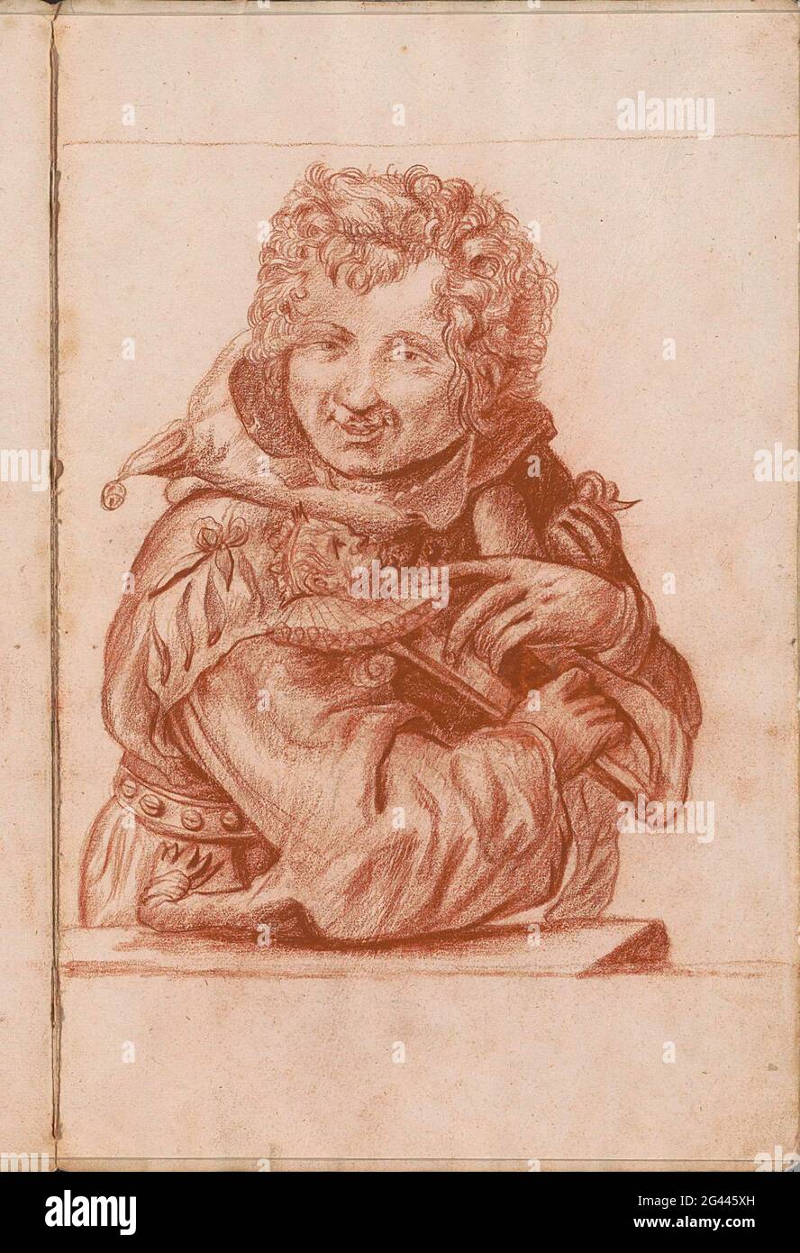 Smiling jester with staff. The boy leans on a table and wears the ...