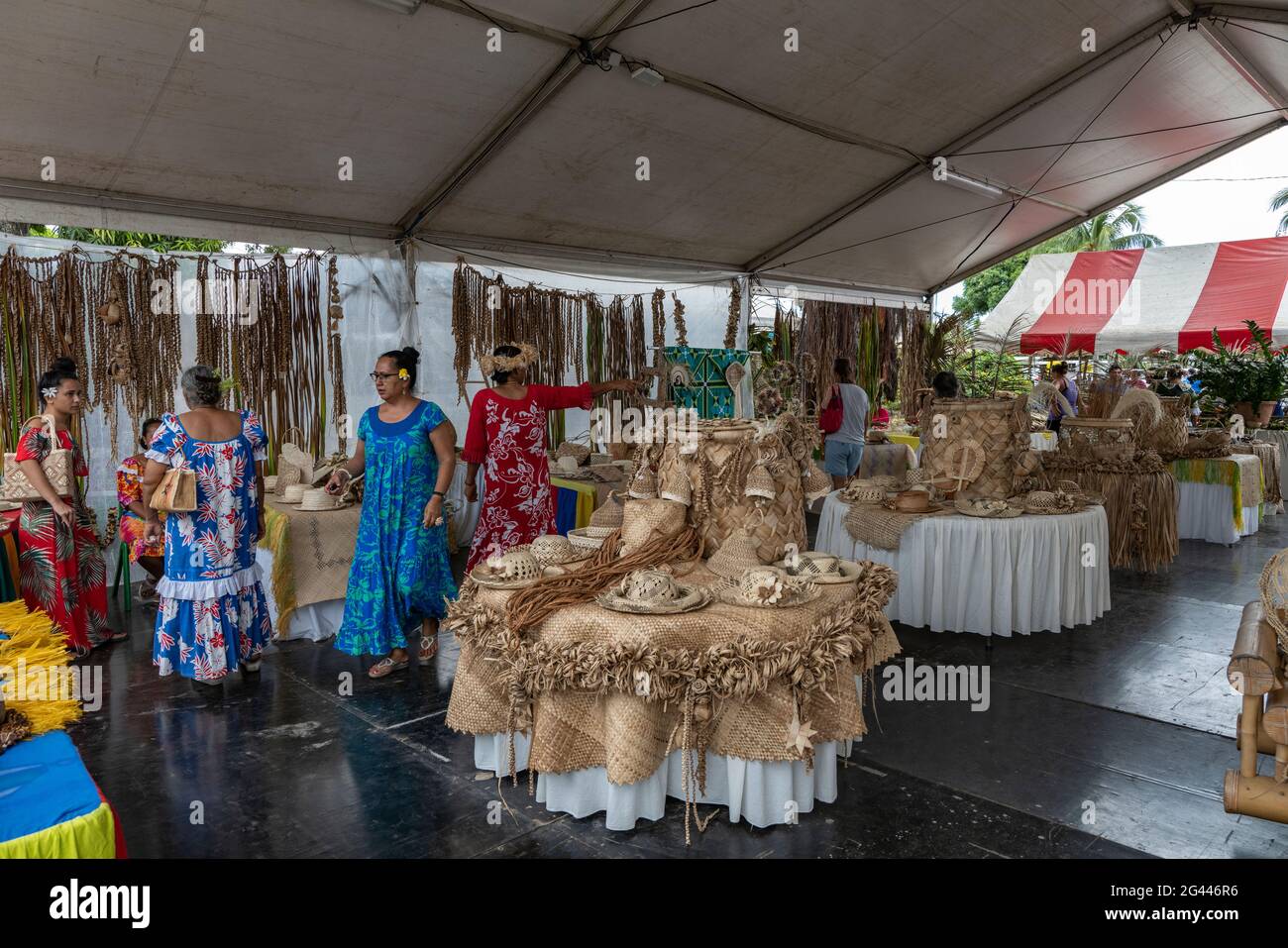 Traditionally woven handicrafts at a cultural festival, Papeete, Tahiti ...
