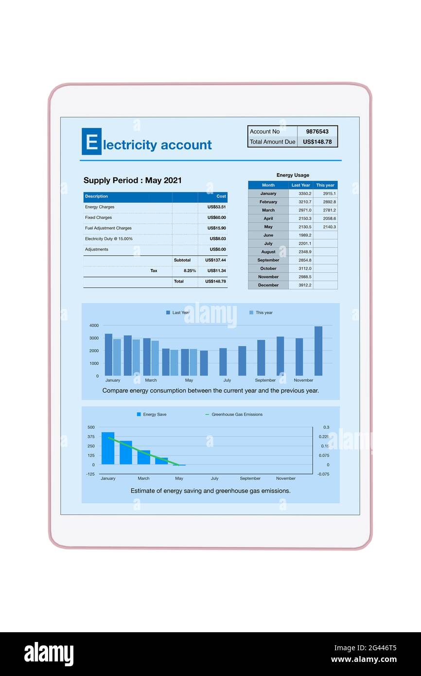 Electricity account showing on electronic tablet on white background ...