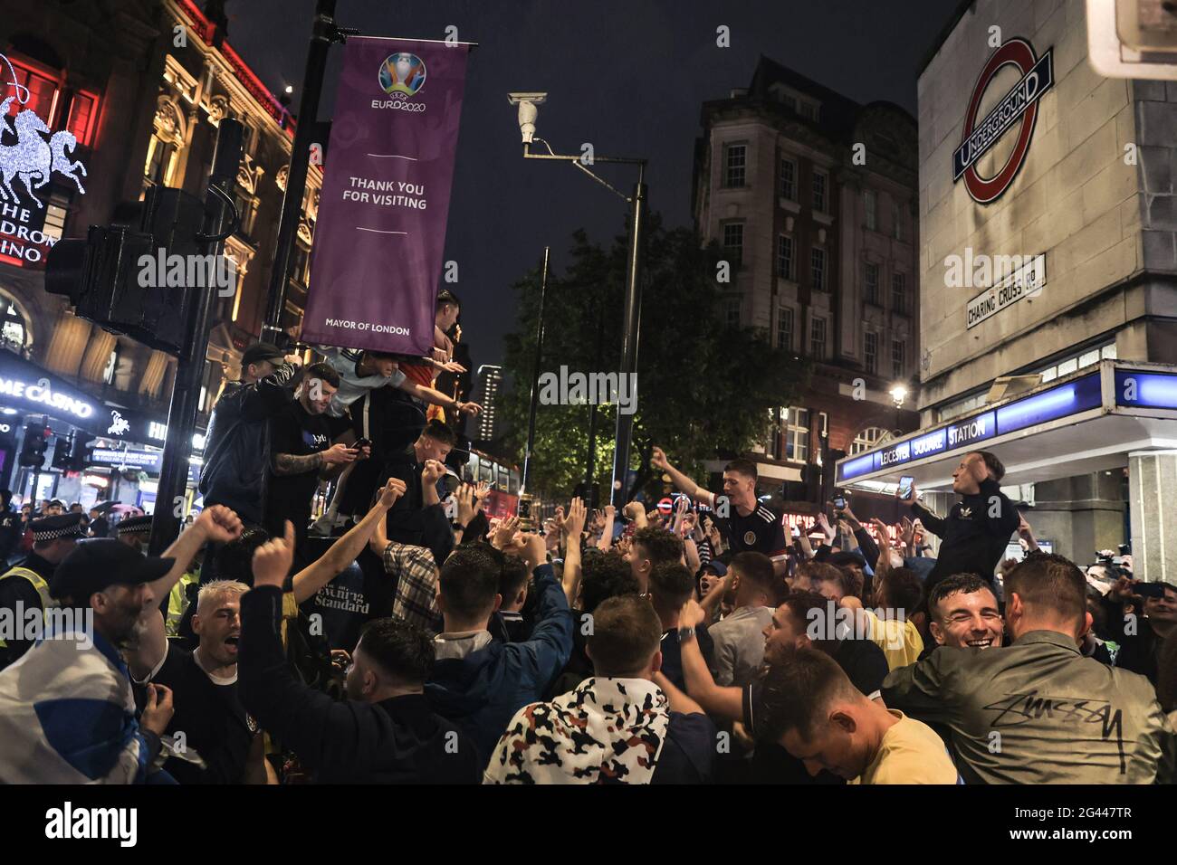 London, UK. 18th June, 2021. Crowd of happy Scotland supporters in ...