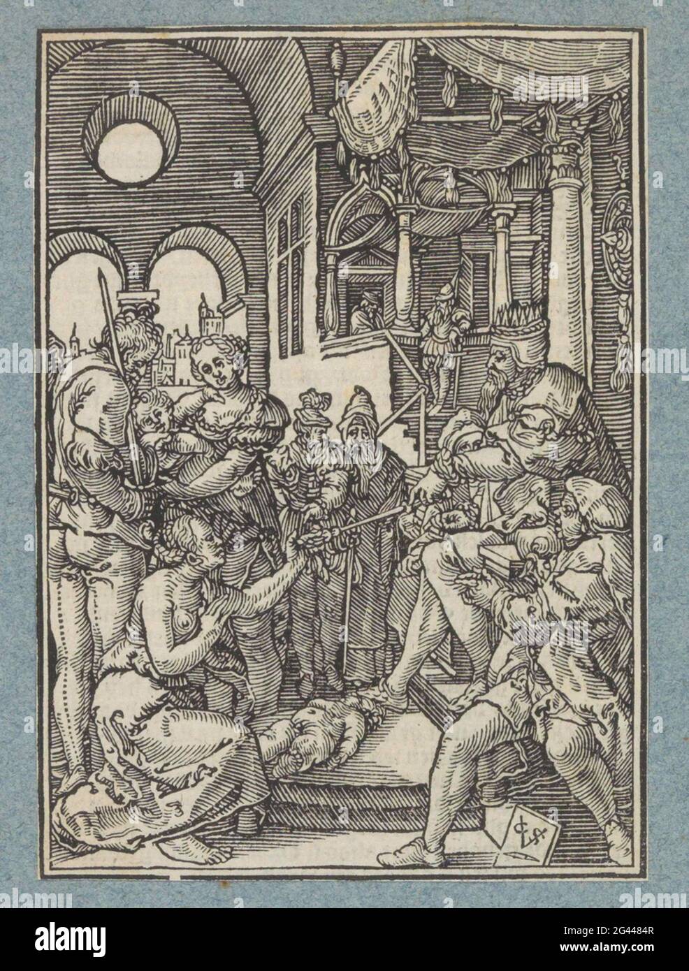 Judgment of Solomon. King Solomon sitting on his throne in his palace ...