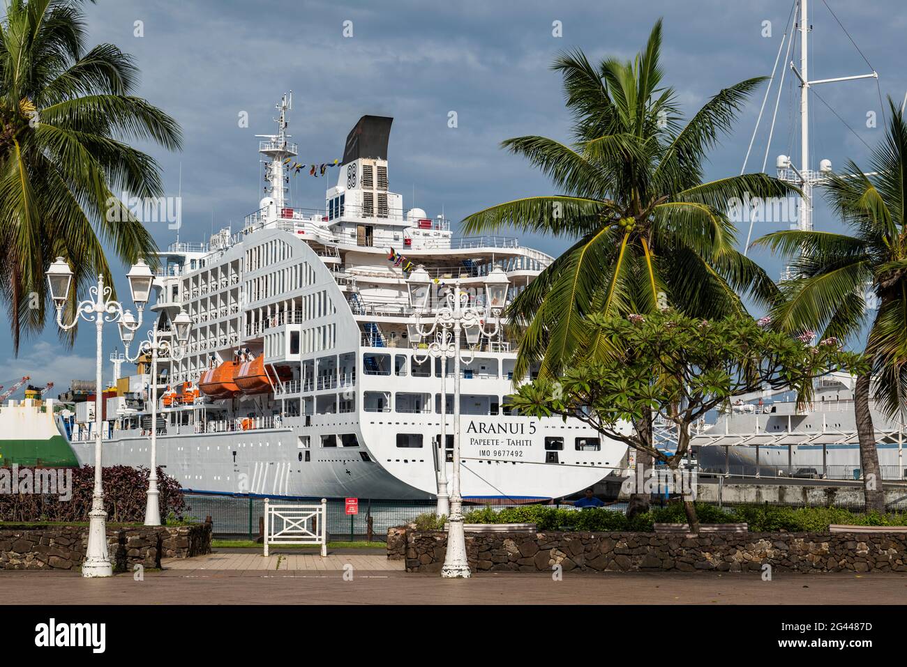 Palm Trees On The Harbor Promenade And Passenger Cargo Ship Aranui 5 Aranui Cruises On The