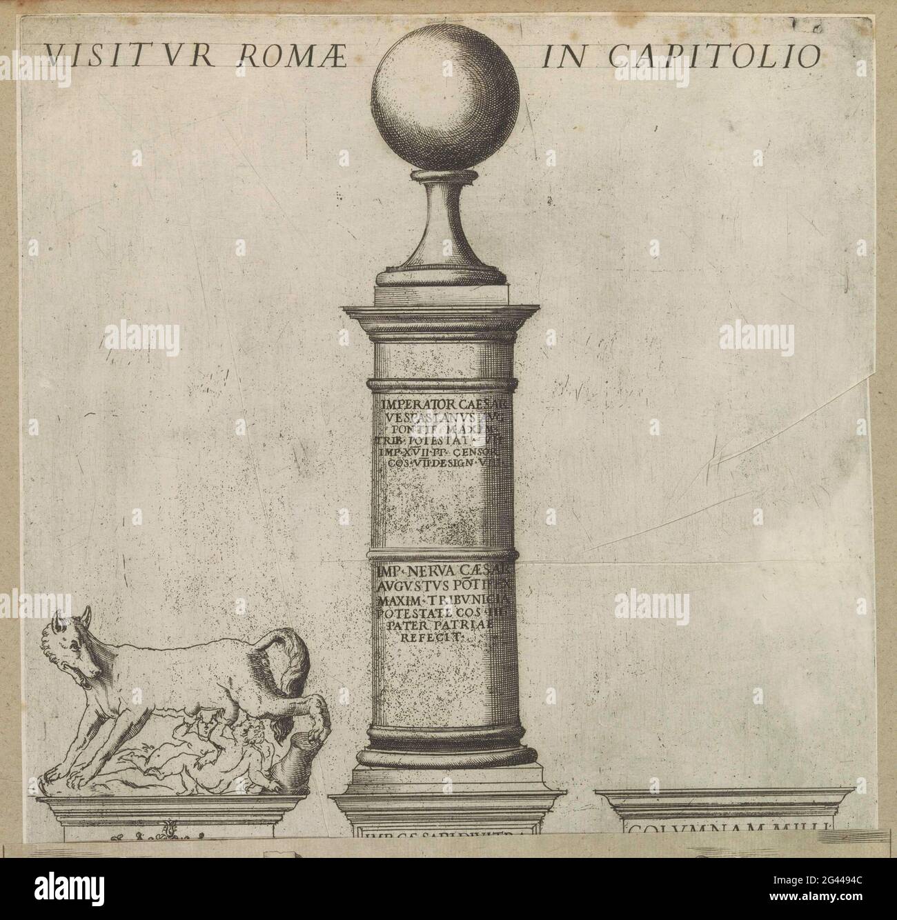 Milliarium aureum and sculpture of the Lupa Capitolina; Visitur Romae ...