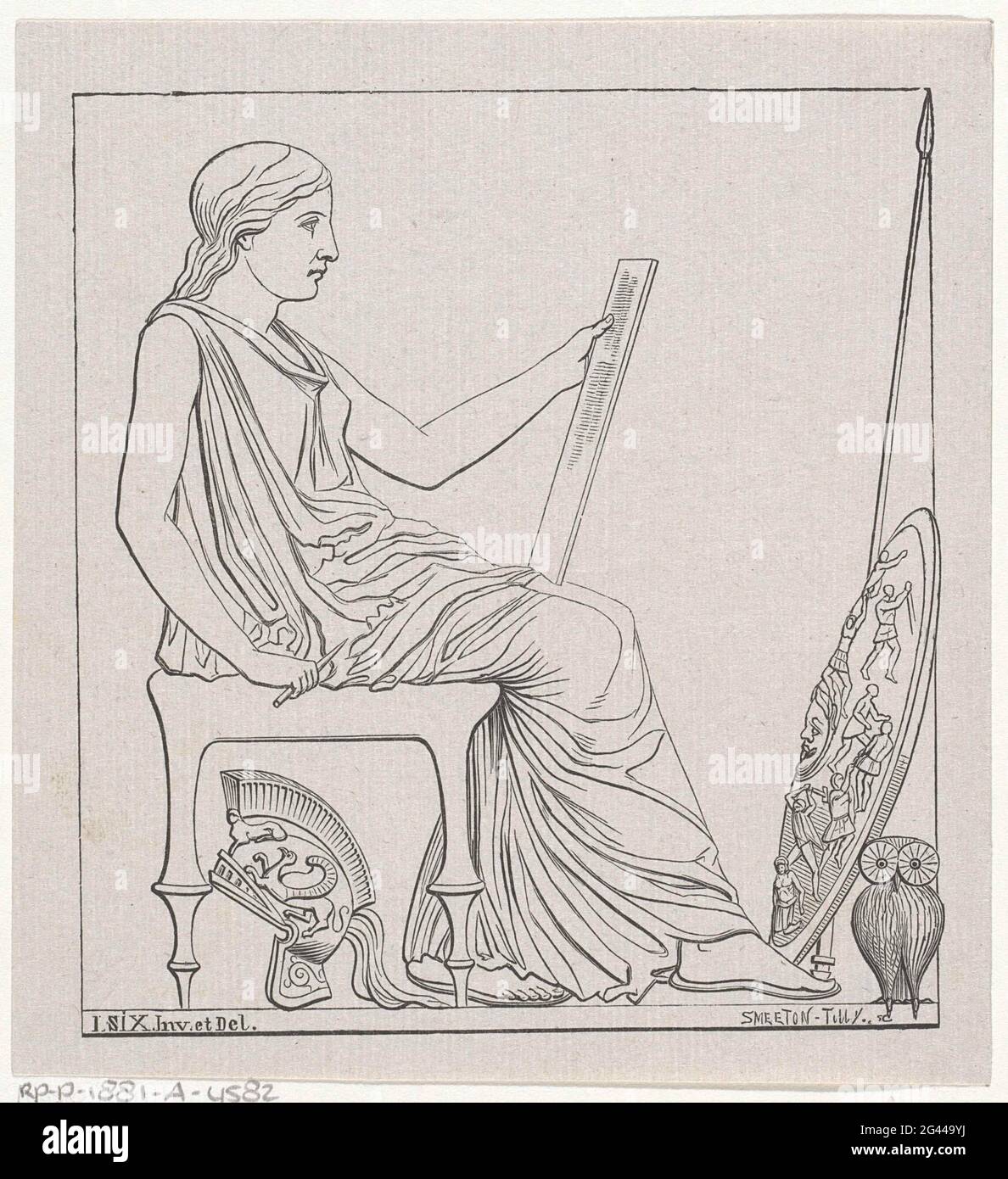 Vignet with Minerva. Minerva sitting with a pin in her right hand. Her ...