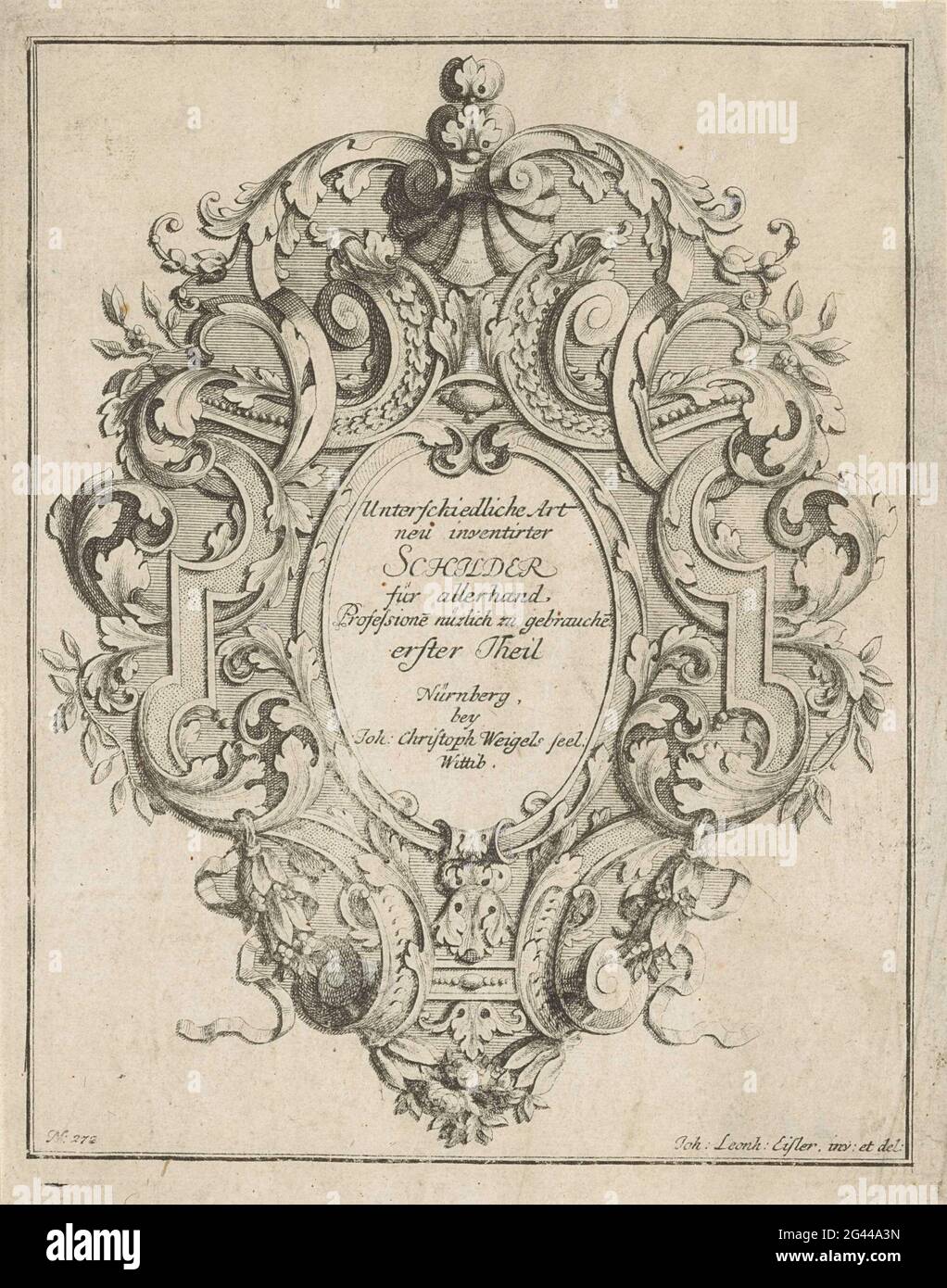 Oval cartouche; Ornamental shields for various professions ...
