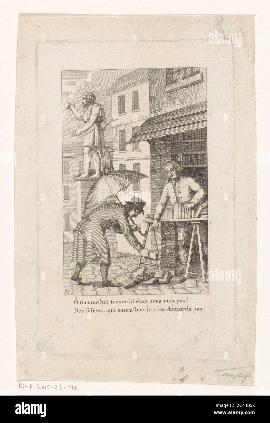 Man discovers a book at a bookseller. A man with an umbrella in hand ...