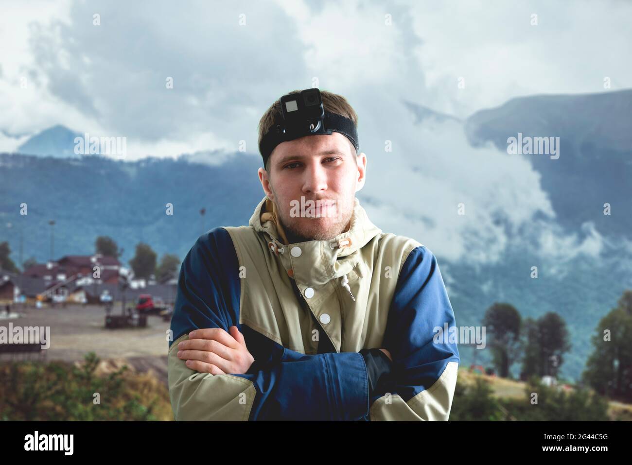 male person with action camera on head, extreme activities Stock Photo ...