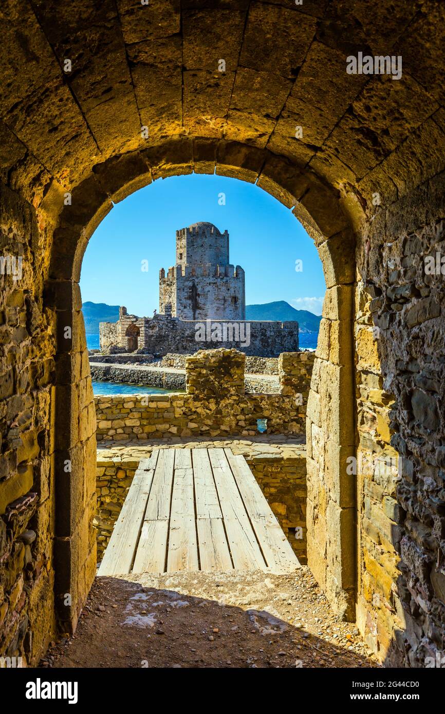 The three-tiered watchtower in castle Methoni Stock Photo - Alamy