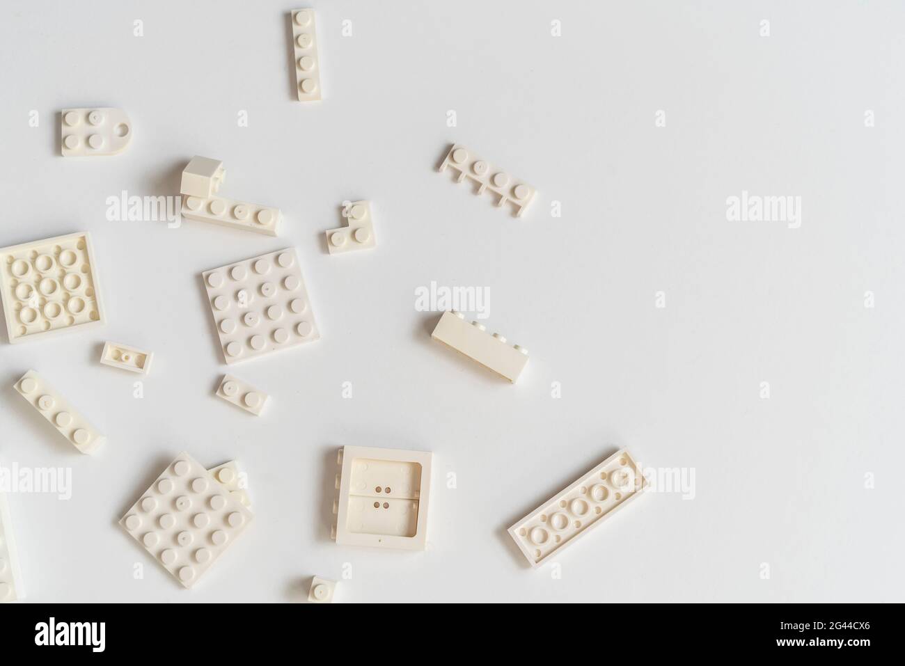 flat lay toy bricks and blocks of constructor, learning and development ...