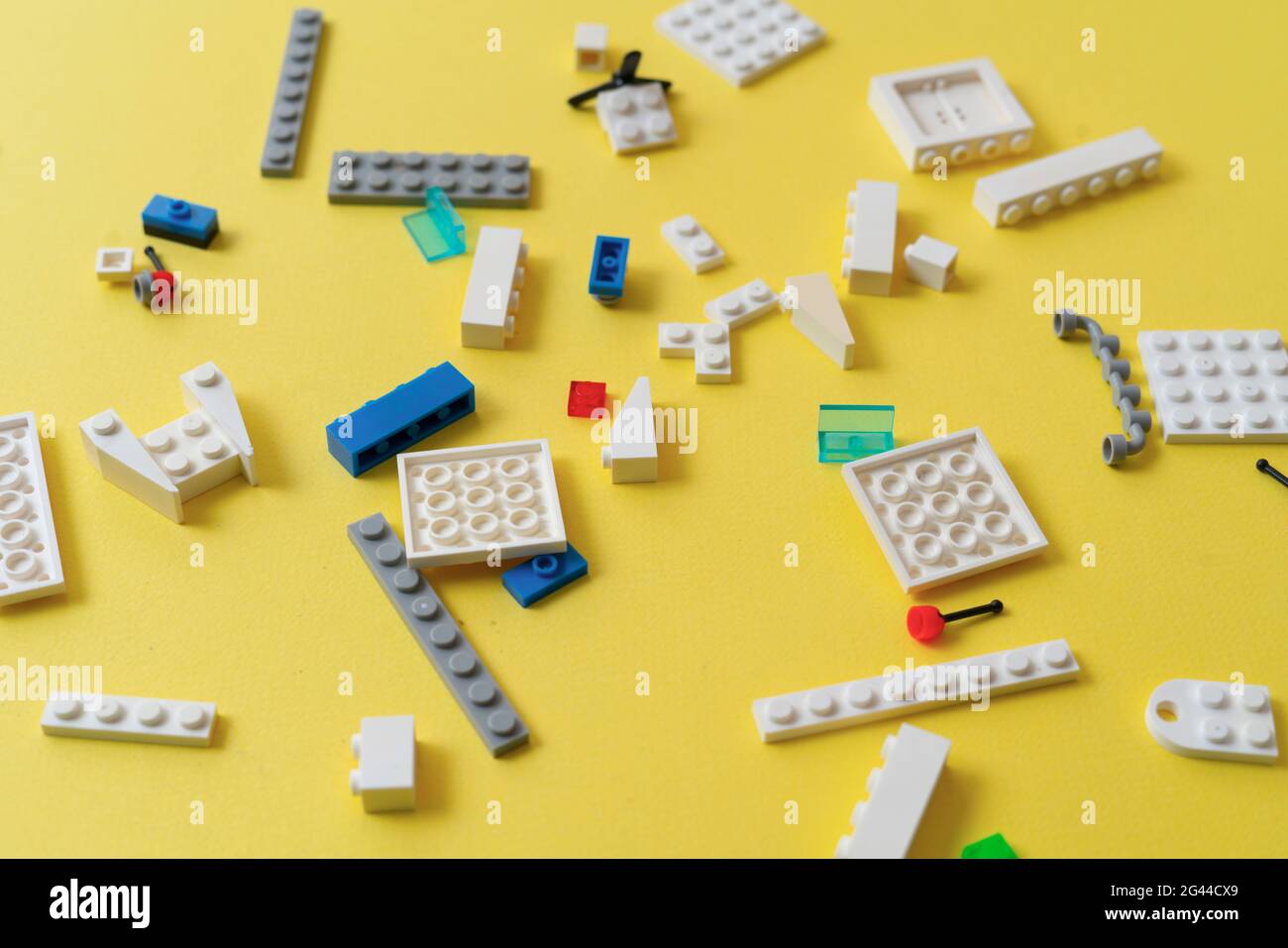 flat lay toy bricks and blocks of constructor, learning and development ...