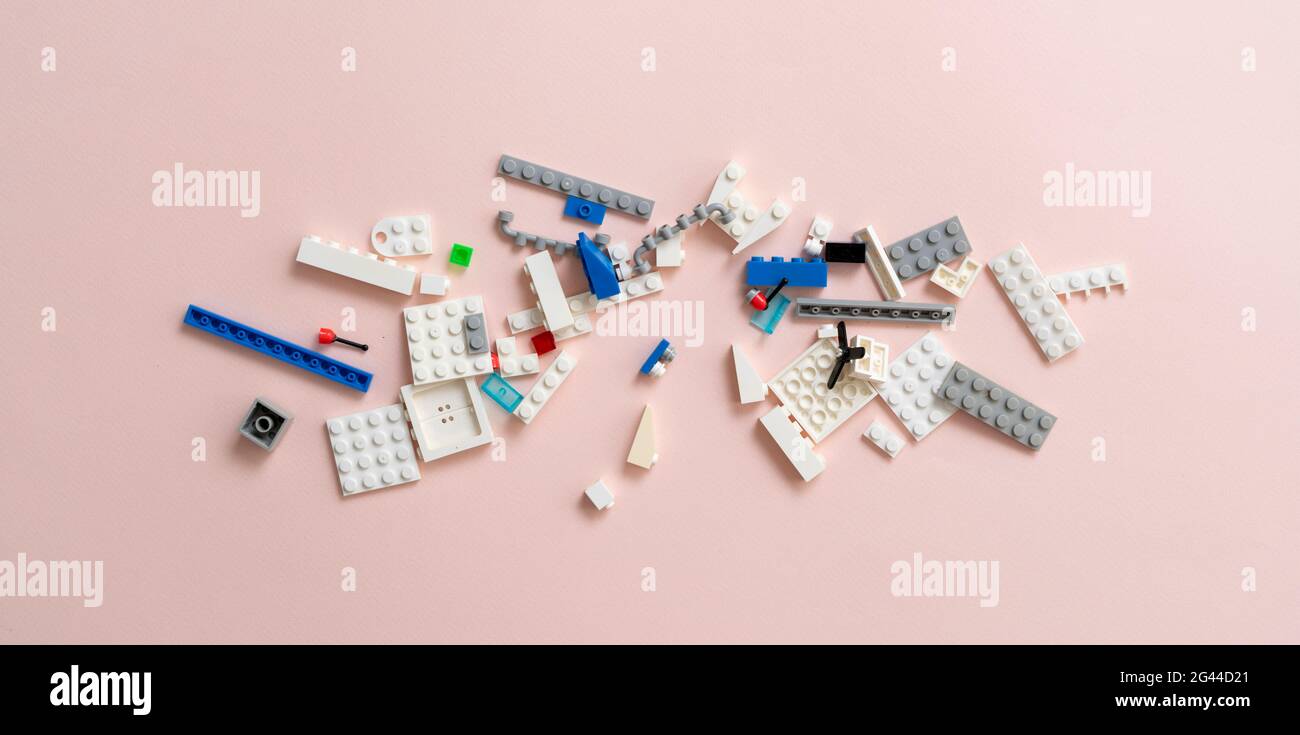 flat lay toy bricks and blocks of constructor, learning and development ...