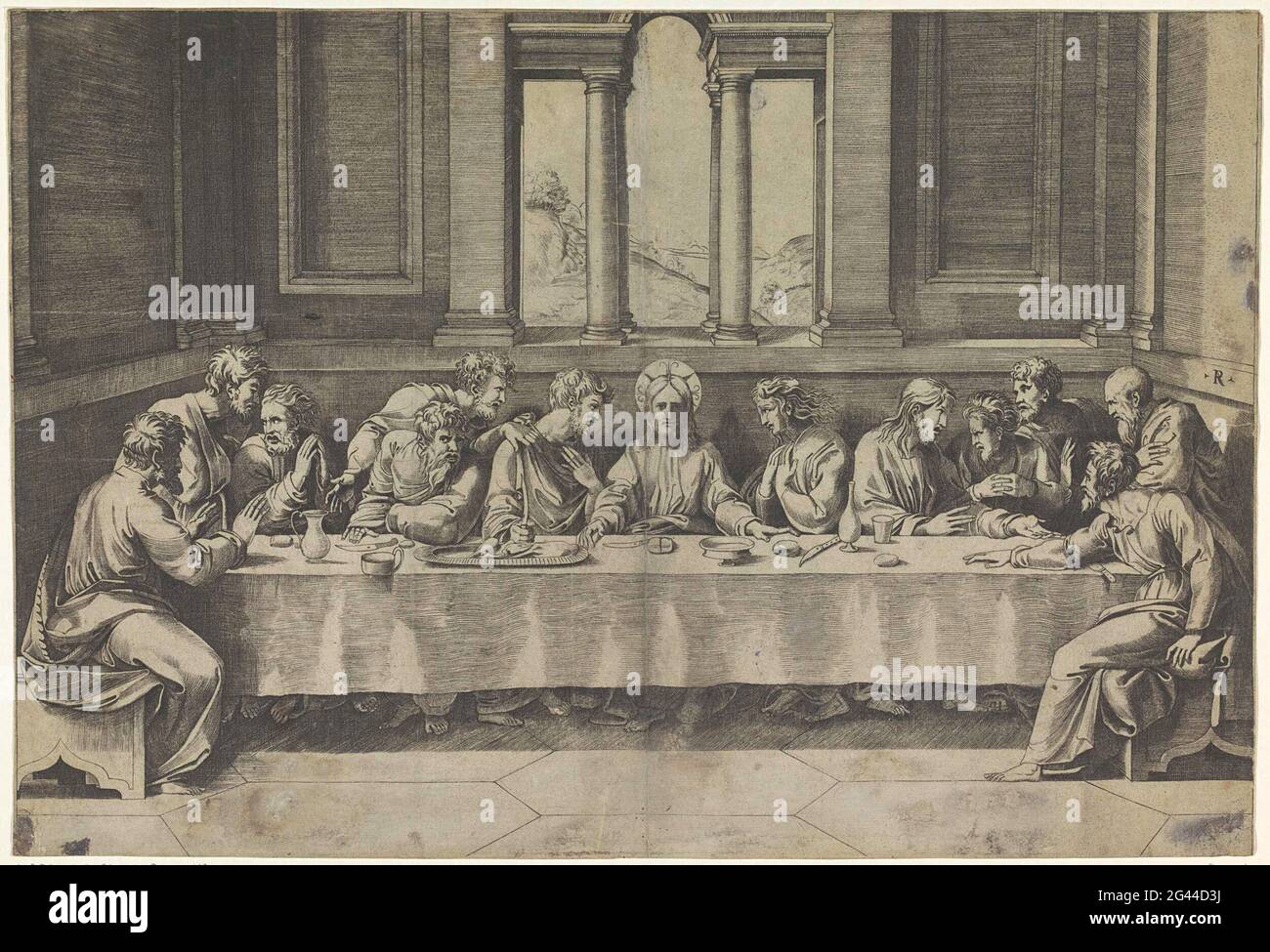Last Supper. Christ and his twelve disciples are seated around a table ...