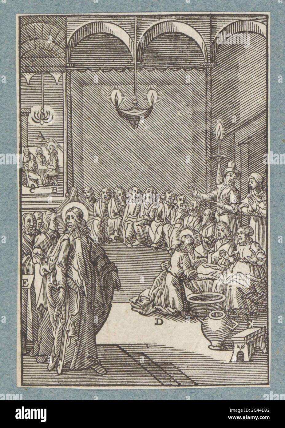 Foot washing of Peter. Christ is kneeling for the apostle Peter and ...