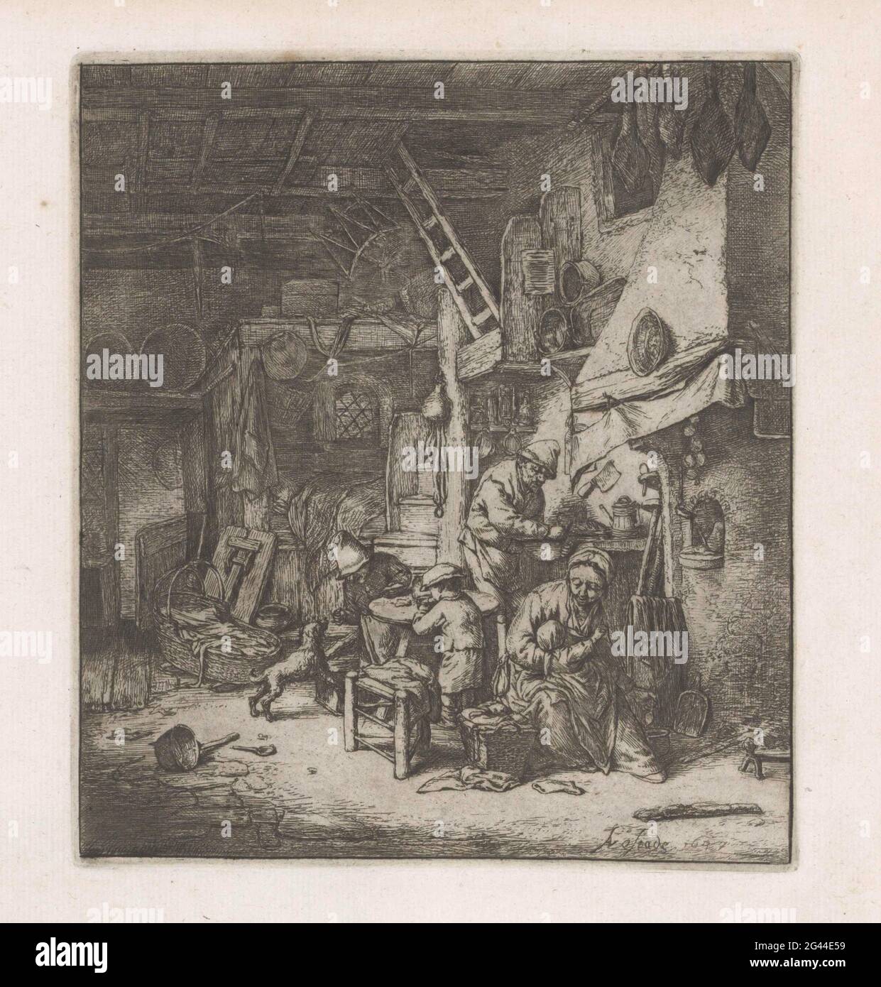 Boer family in an interior. The farmer's paw is covered by a small ...