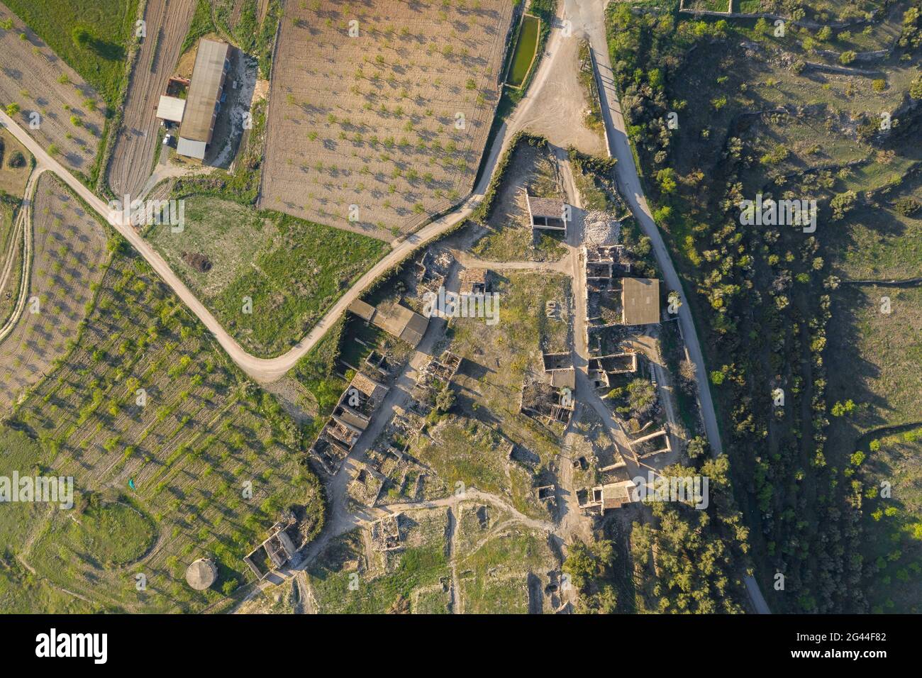 Aerial view of the Corbera d'Ebre old town (Poble Vell in catalan ...