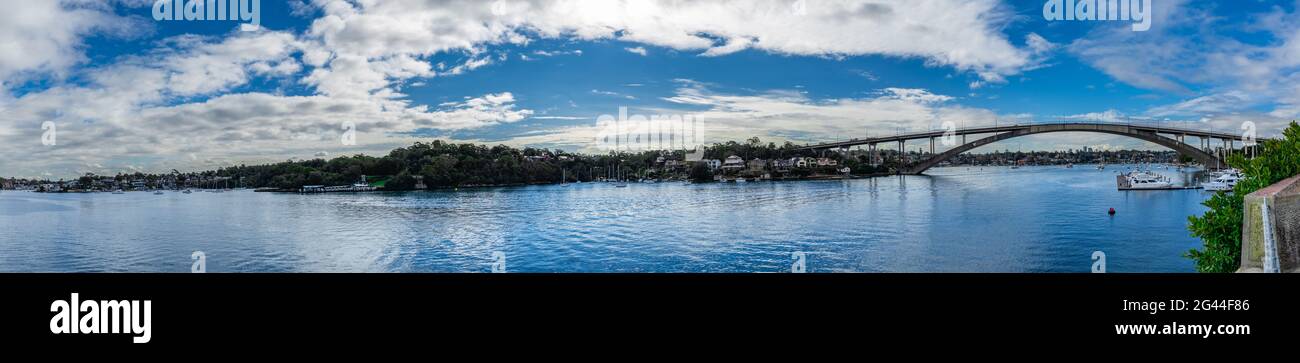 Panorama view of Gladesville Bridge Parramatta river on Sydney harbour ...
