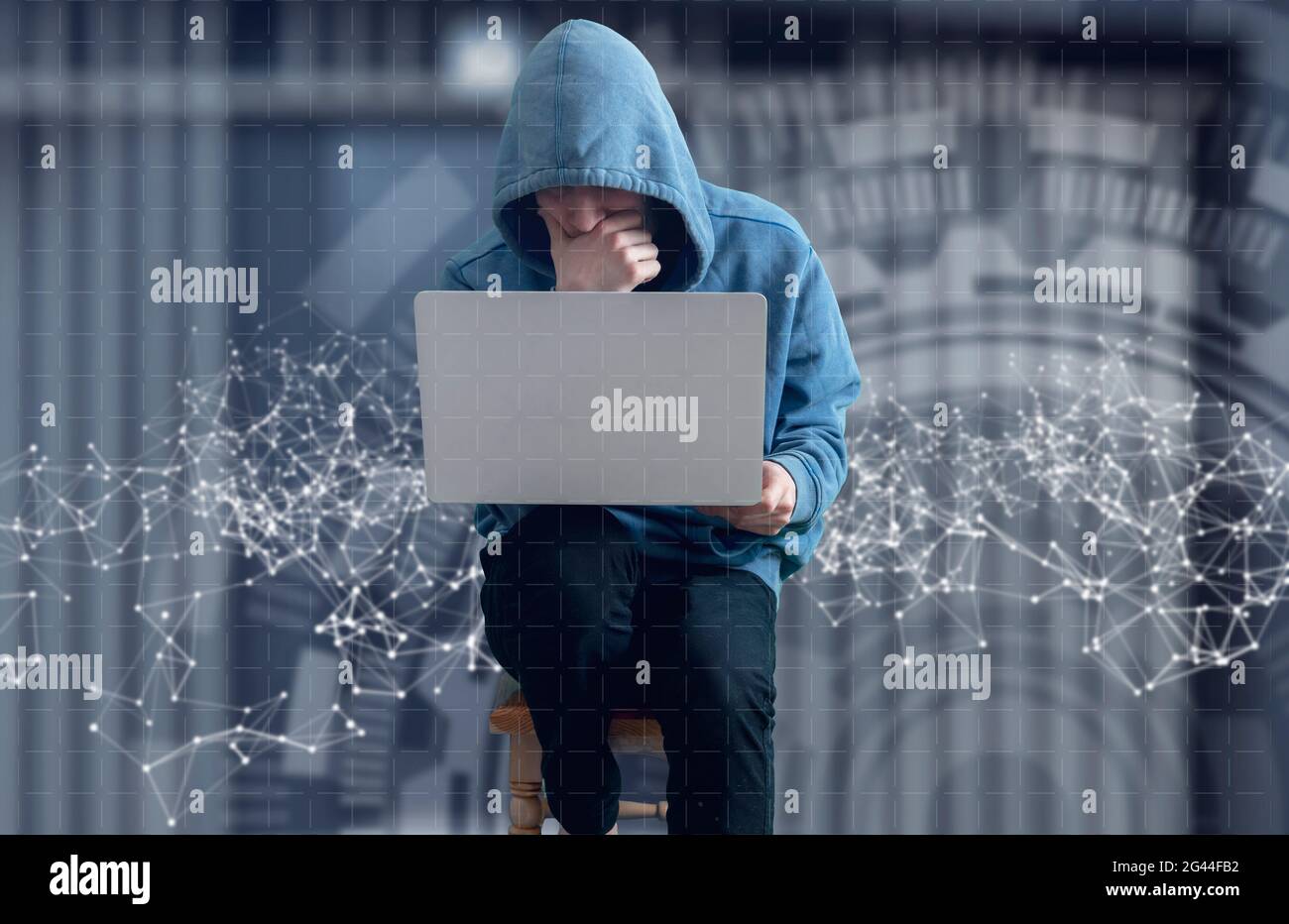 anonymous hacker person in the hood with computer, digital information ...