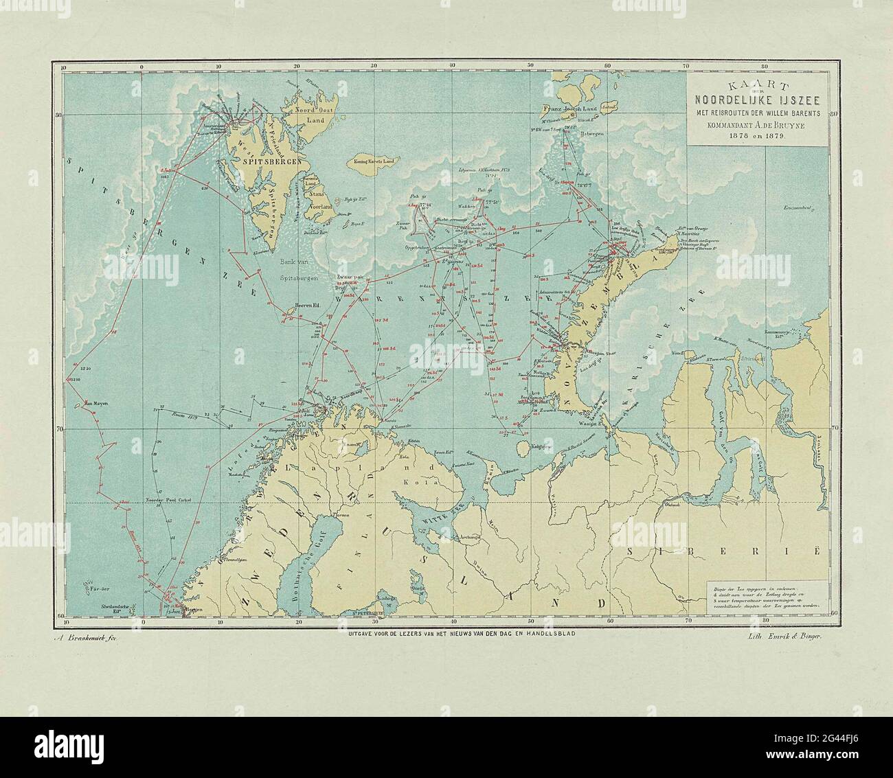 Map of the Northern Ice Sea with travel routes of the Willem Barents ...