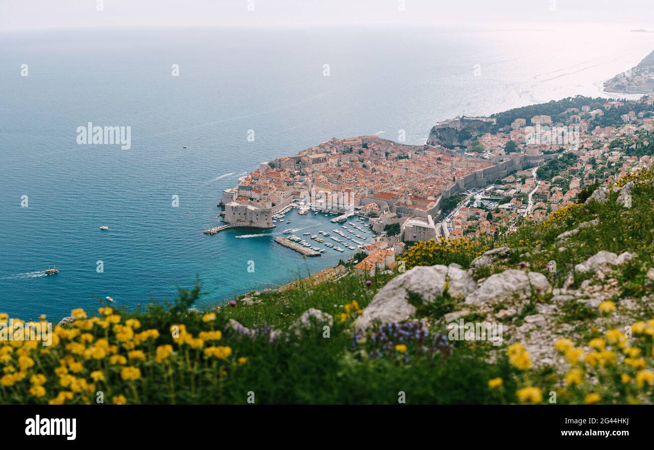 Aerial top view on the old city of Dubrovnik, from the observation deck ...