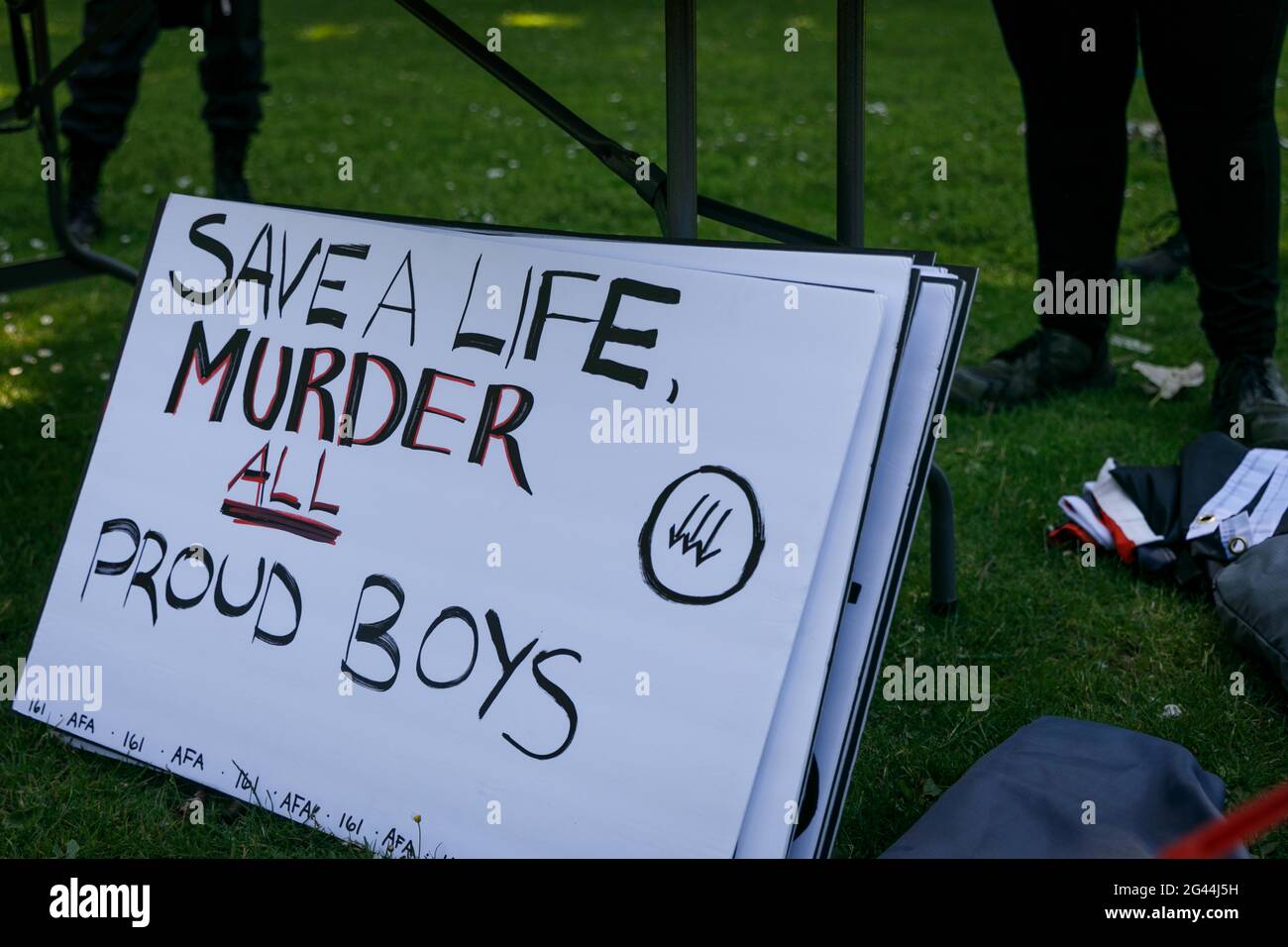 An Antifa sign is prepared before the confrontation. About thirty Proud ...