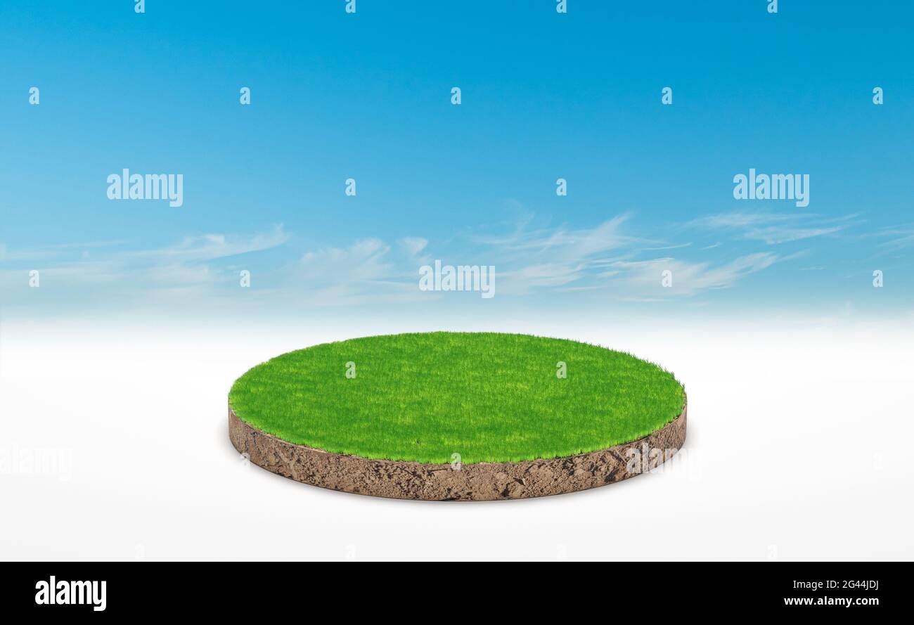 3d rendering, circle podium of land meadow. Soil ground cross section ...