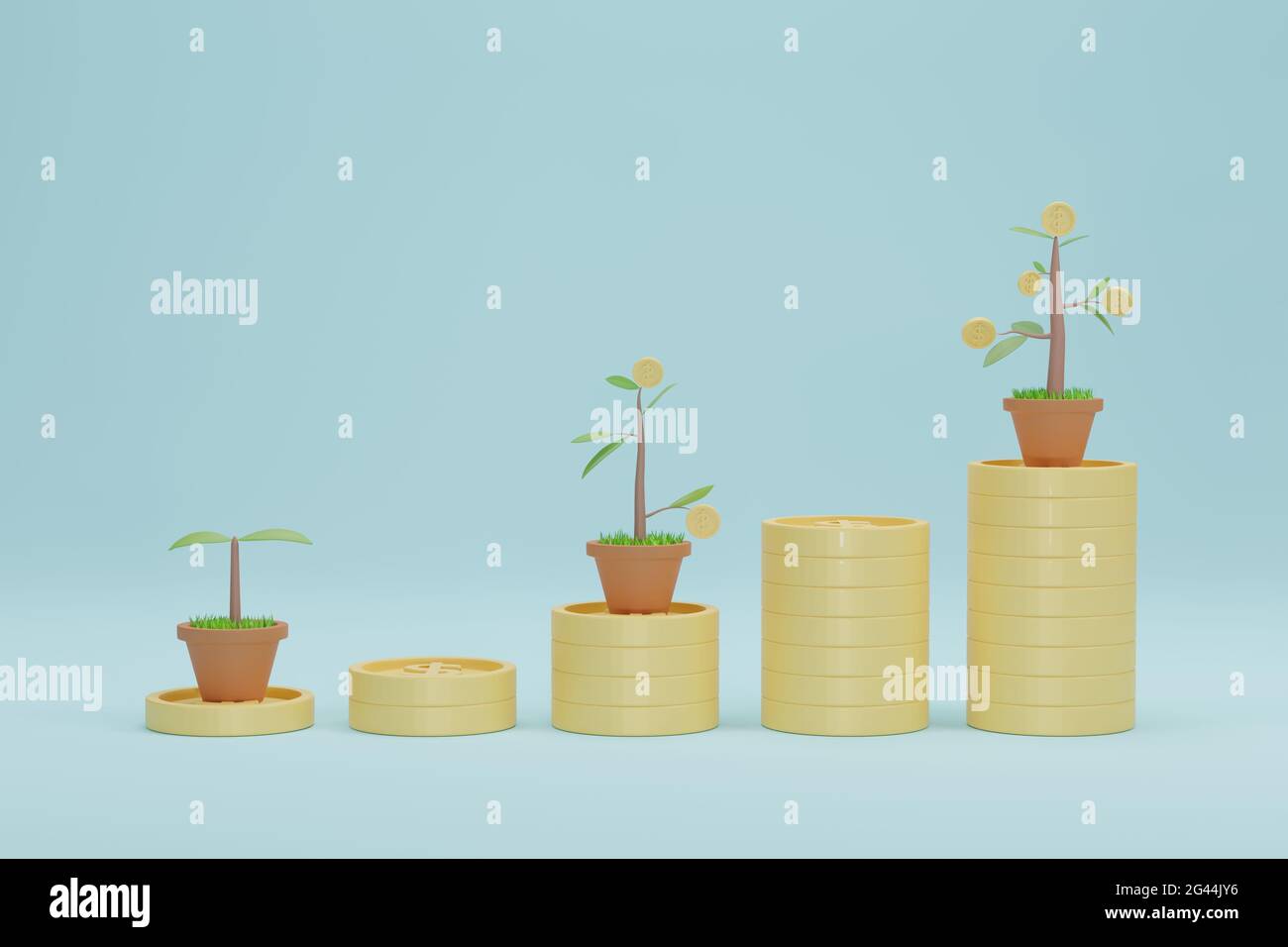 3D Rendering. Coins stack growth graph with tree. Concept of Business ...