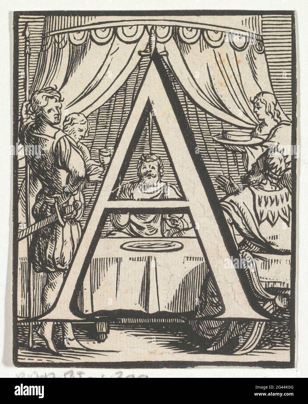 Letter A in a frame with a representation of men who consume a meal ...