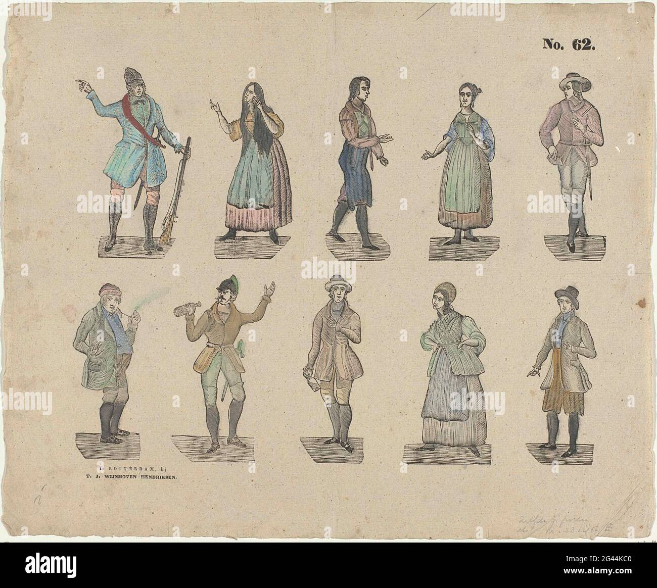 Ten figures in historical clothing. Leaf with 10 shows of men and women ...