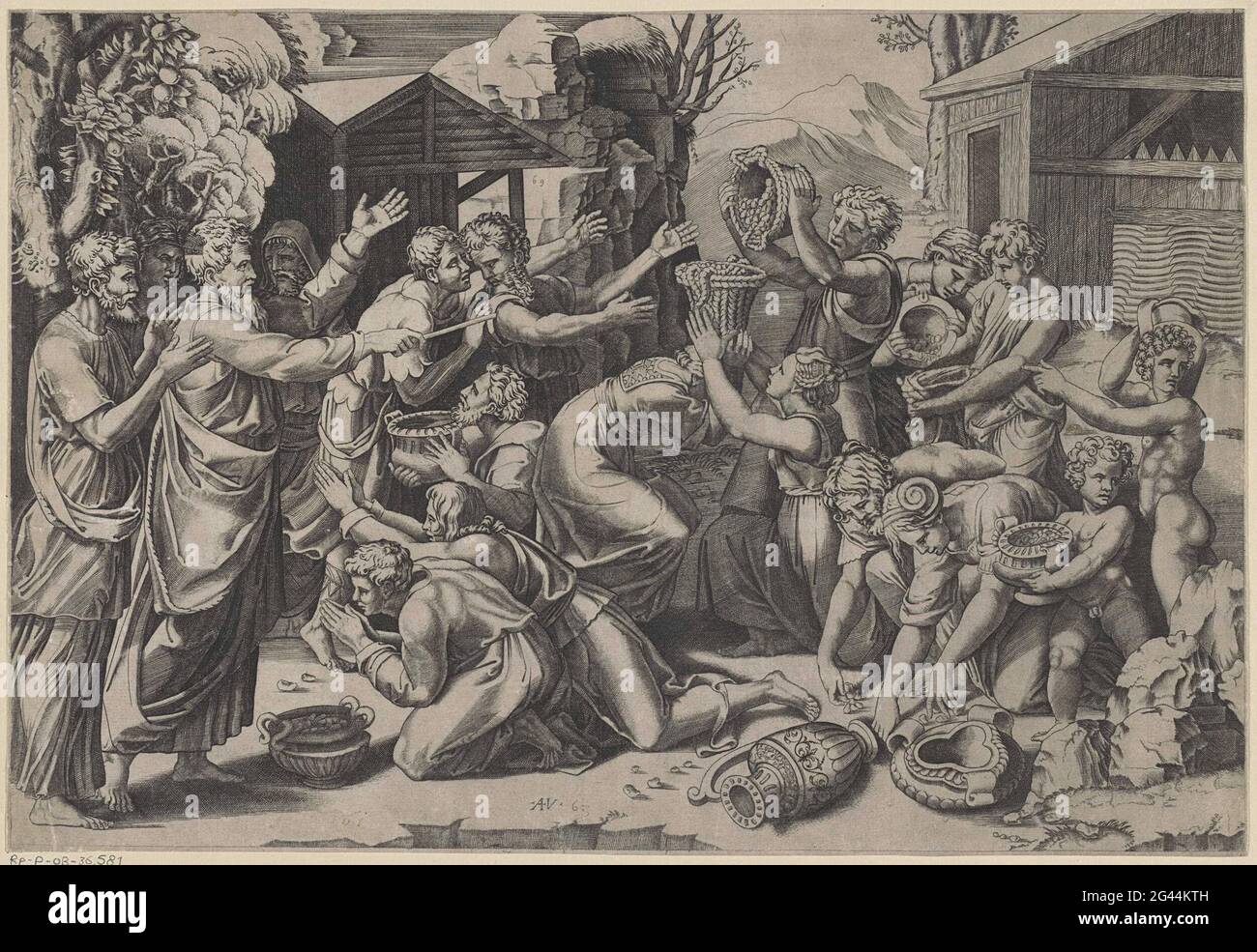 Collecting the manna. The Israelites catch and turn the manna that ...