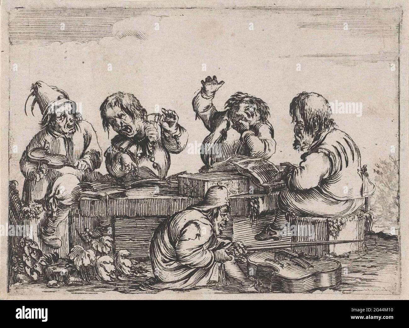 Music dwarfs; Comic scenes. Five dwarfs in a circle around a wall. They ...