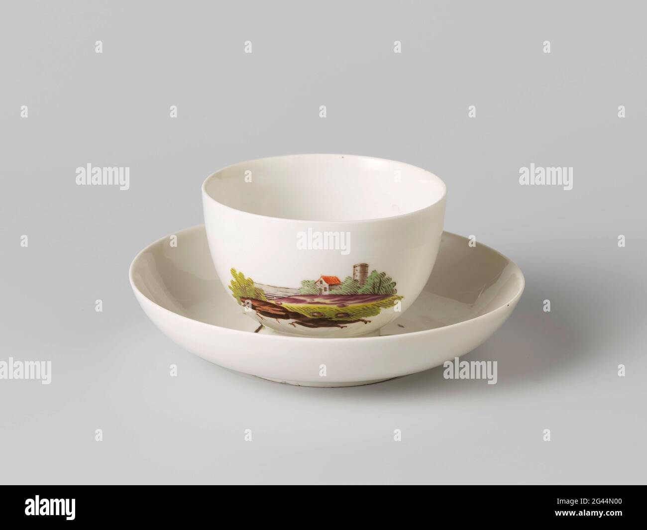 Cup and saucer with multicolored landscape. Cup without ear and saucer ...