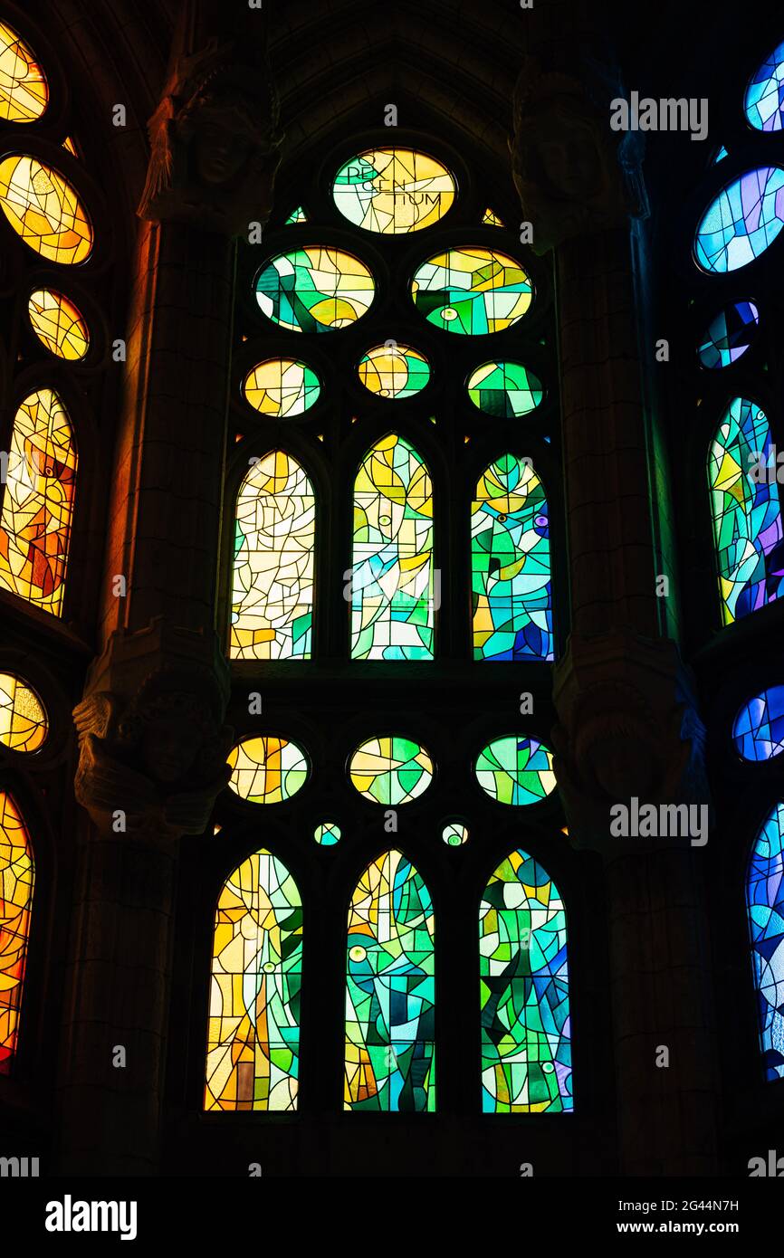 Barcelona, Spain - 15 December 2019: Stained windows from inside the ...
