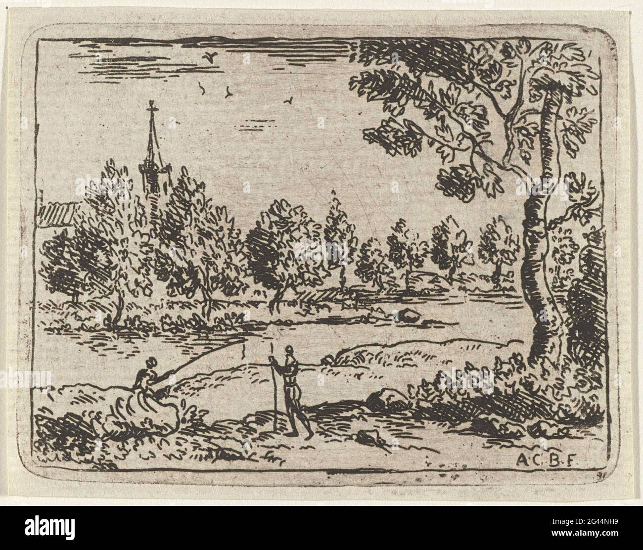 Landscape with church and angler Stock Photo - Alamy