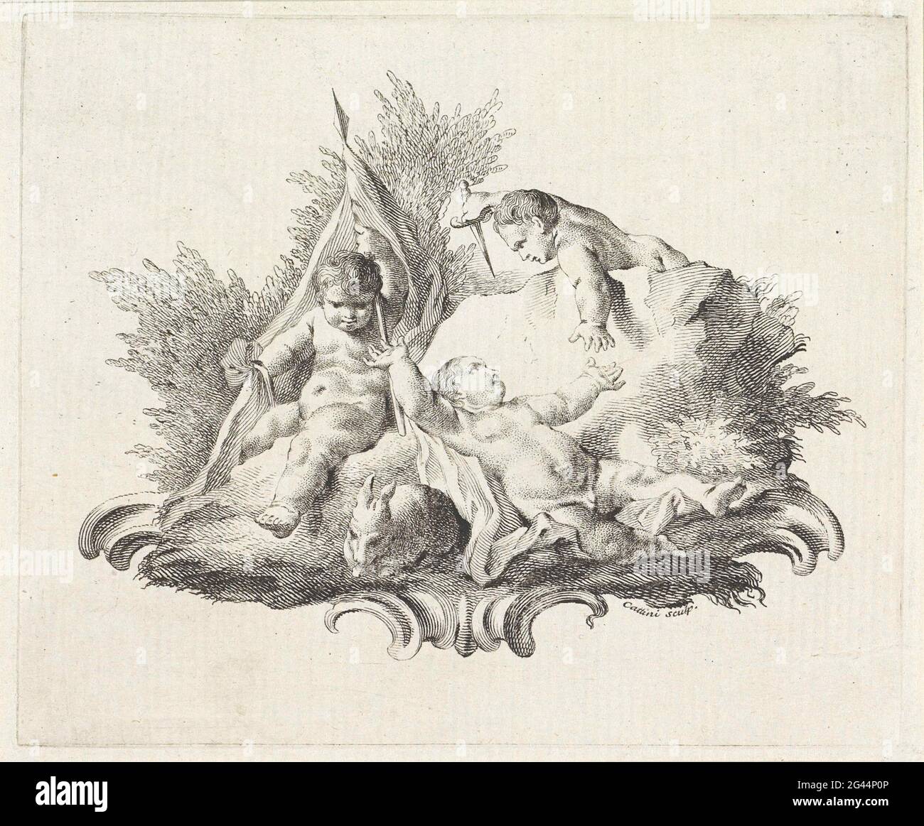 Three putti. AN putto with a banner, one with a dagger and one lying on ...