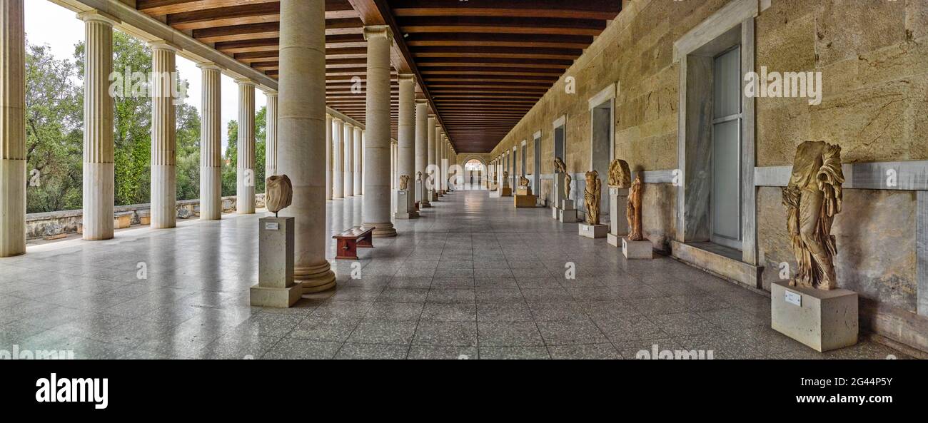 Statues and colonnade in Museum of Ancient Agora, Athens, Greece Stock ...