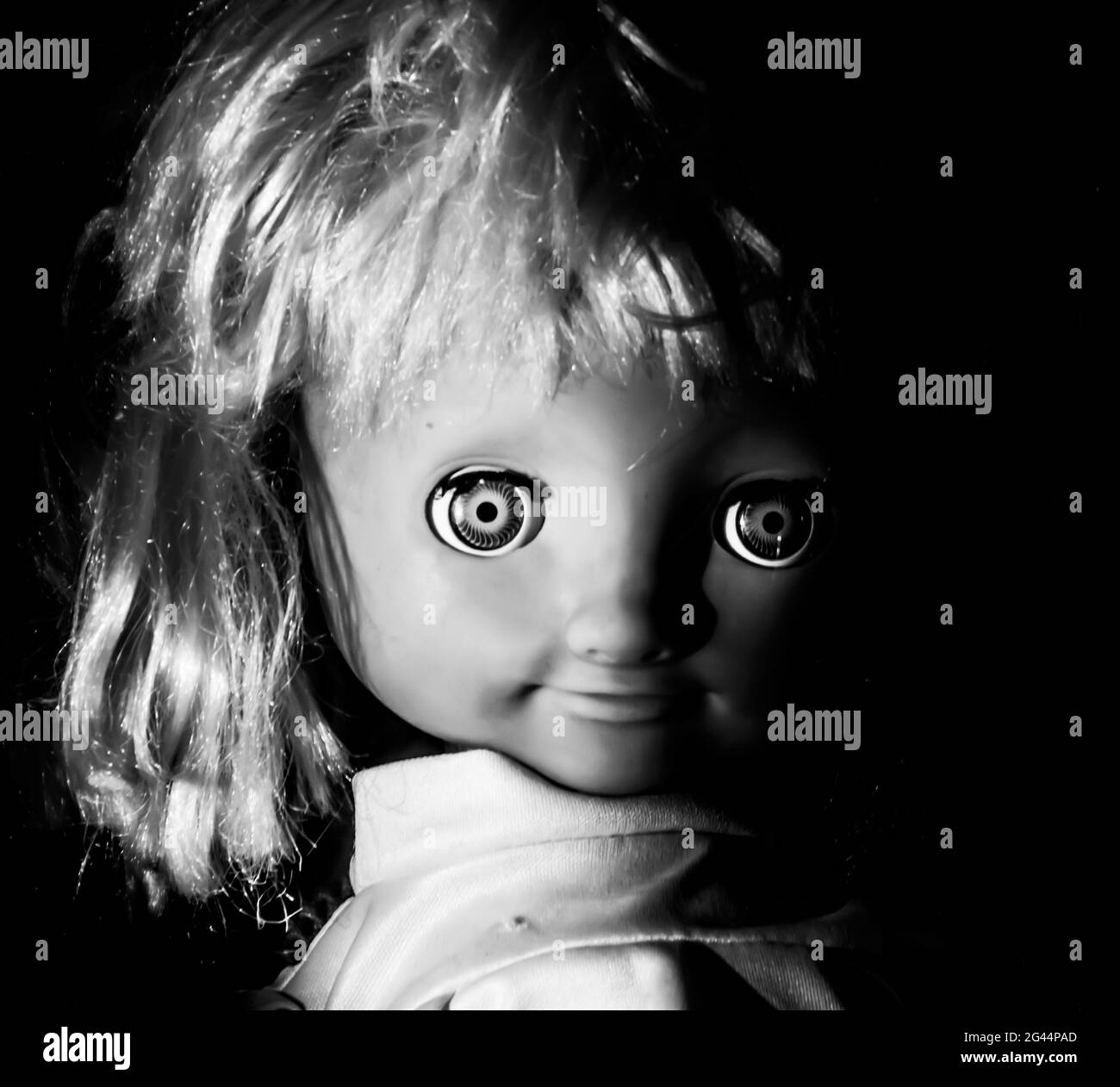 Creepy girl doll face. It seems like character of horror movie. Angry ...