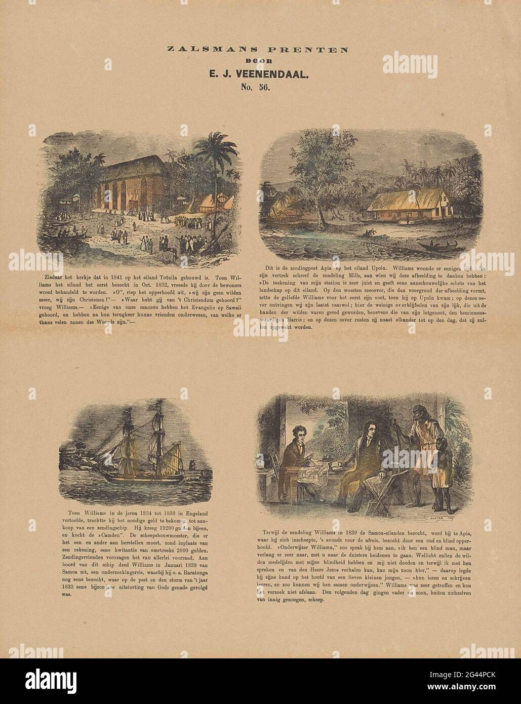 John Williams on Samoa; Salmans prints. Leaf with 4 representations of ...