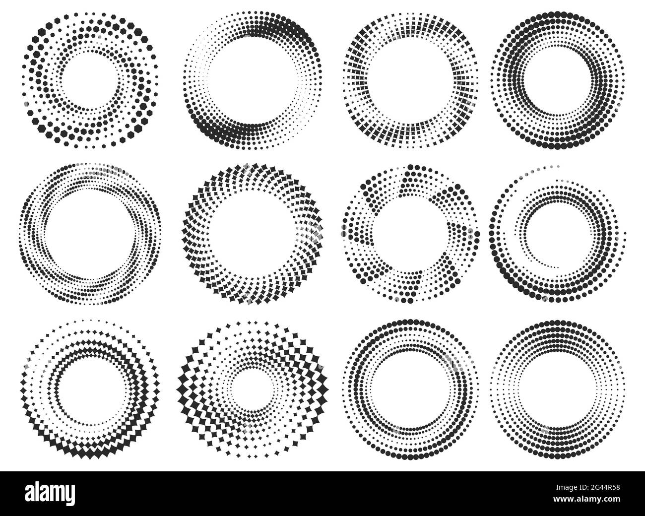 Set of round halftone frames. Circle dotted form. Vector geometric ...