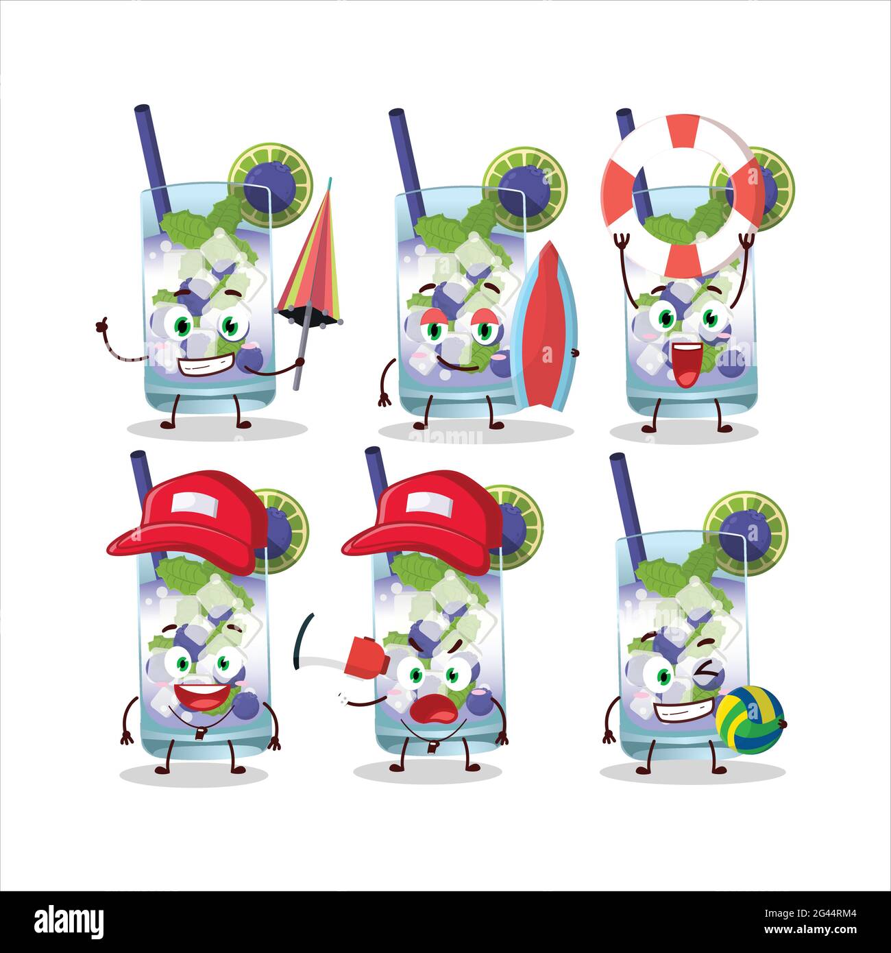 Happy Face blueberry mojito cartoon character playing on a beach ...