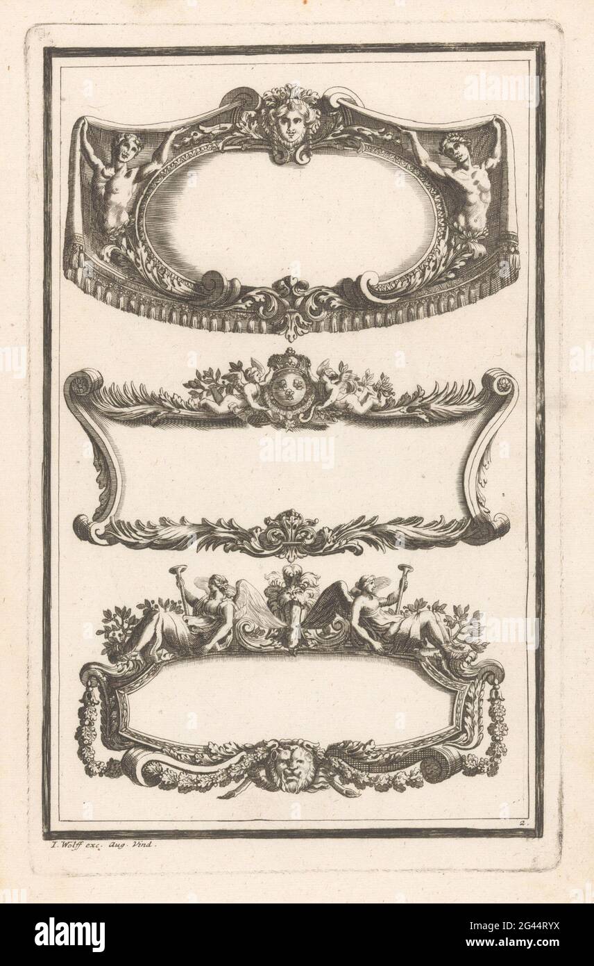 Three frames with figures. Three ornamented picture frames. Upstairs ...